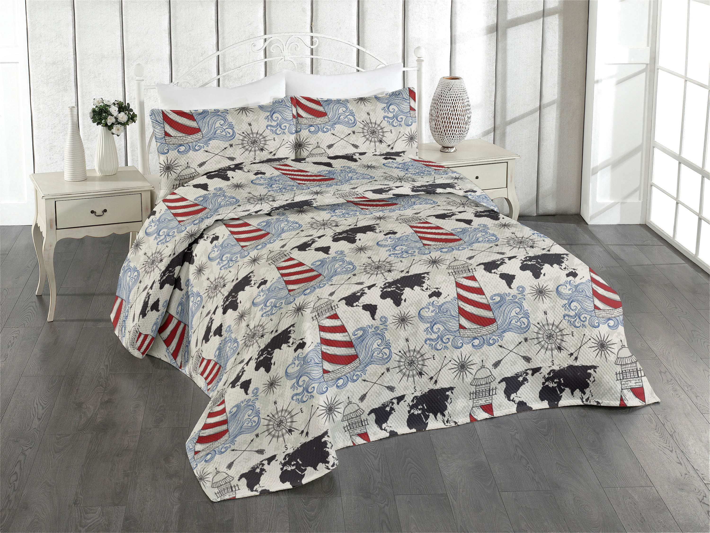 Ambesonne Nautical Vibes Quilted Bedspread Set 3 Pcs, Adventure ...