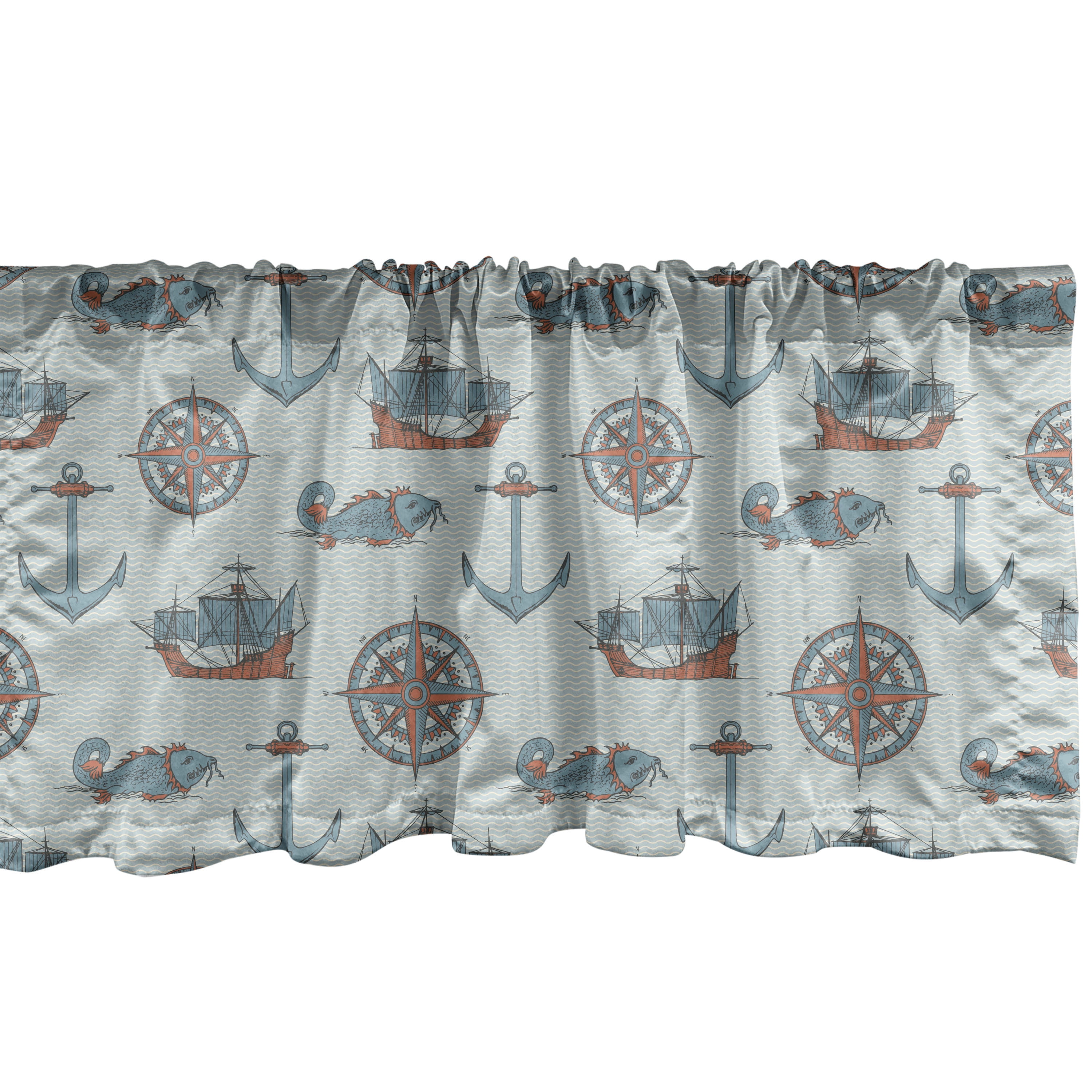 Ambesonne Nautical Window Valance, Anchor Windrose Fish Ships, 54" X 18 ...