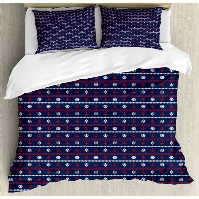 Ambesonne Navy Blue Duvet Cover Set, Nautical Borders, King, Red White ...