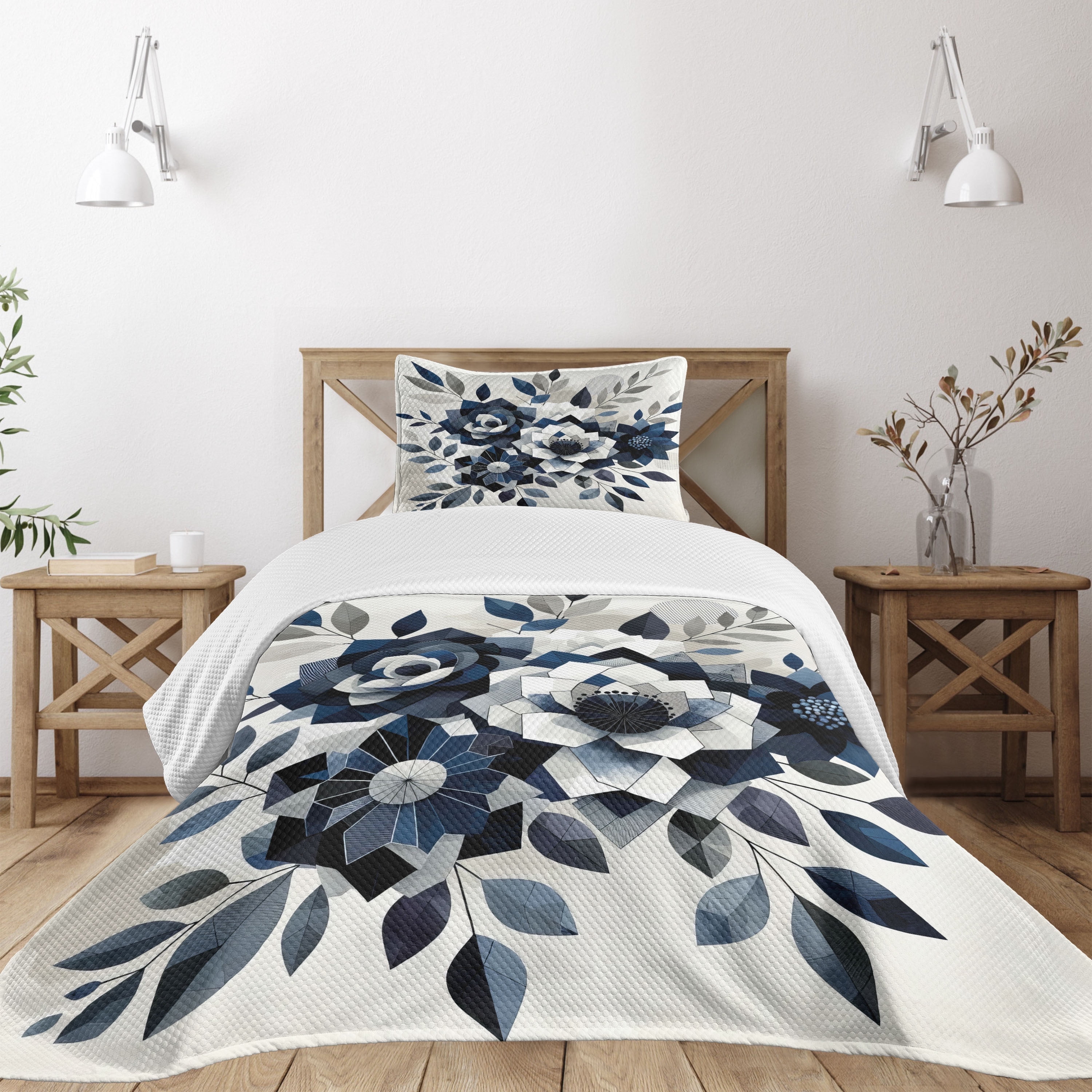 Ambesonne Navy Blue Quilted Bedspread Set 2 Pcs, Boho Monochrome ...
