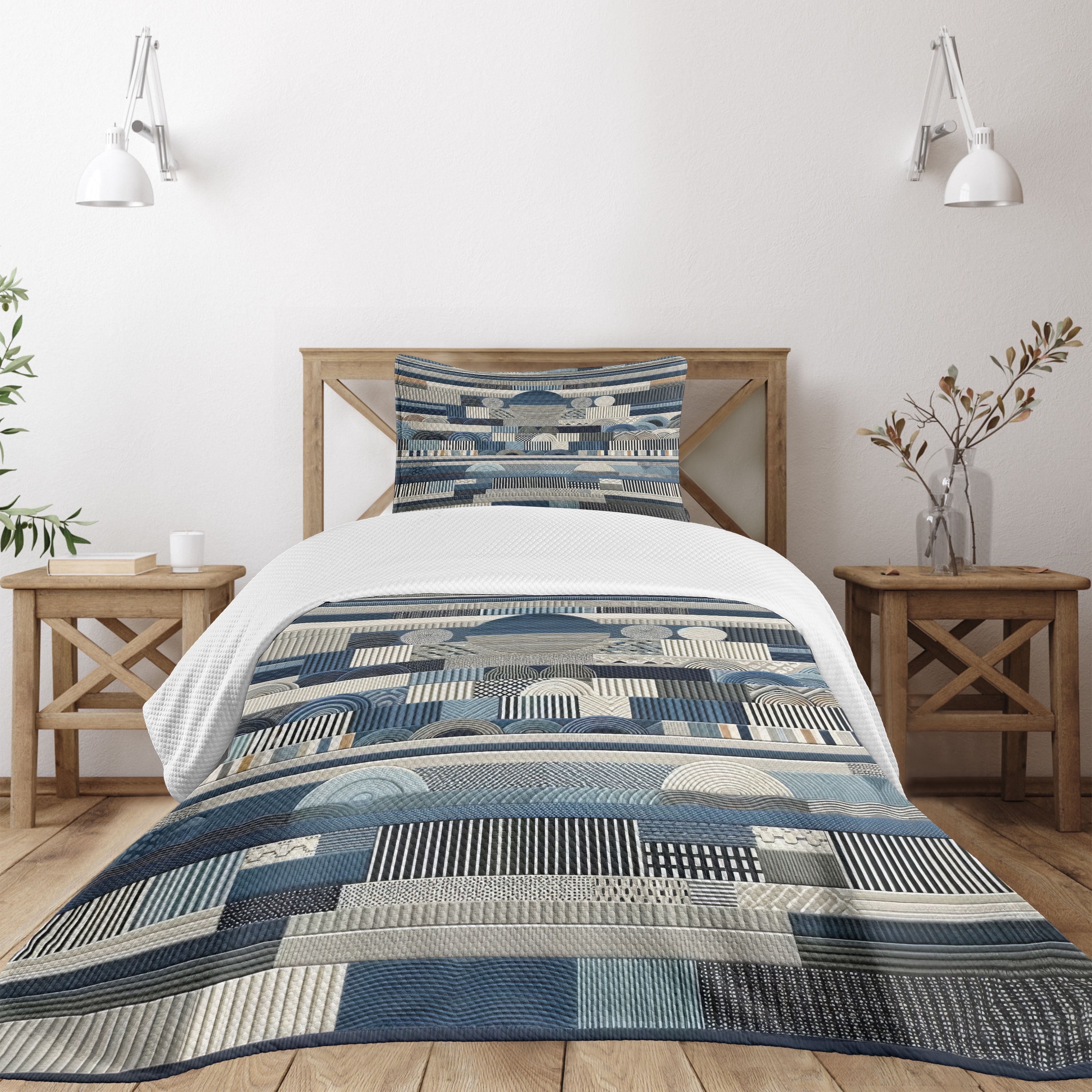 Ambesonne Navy Blue Quilted Bedspread Set 2 Pcs, Geometric Shapes ...