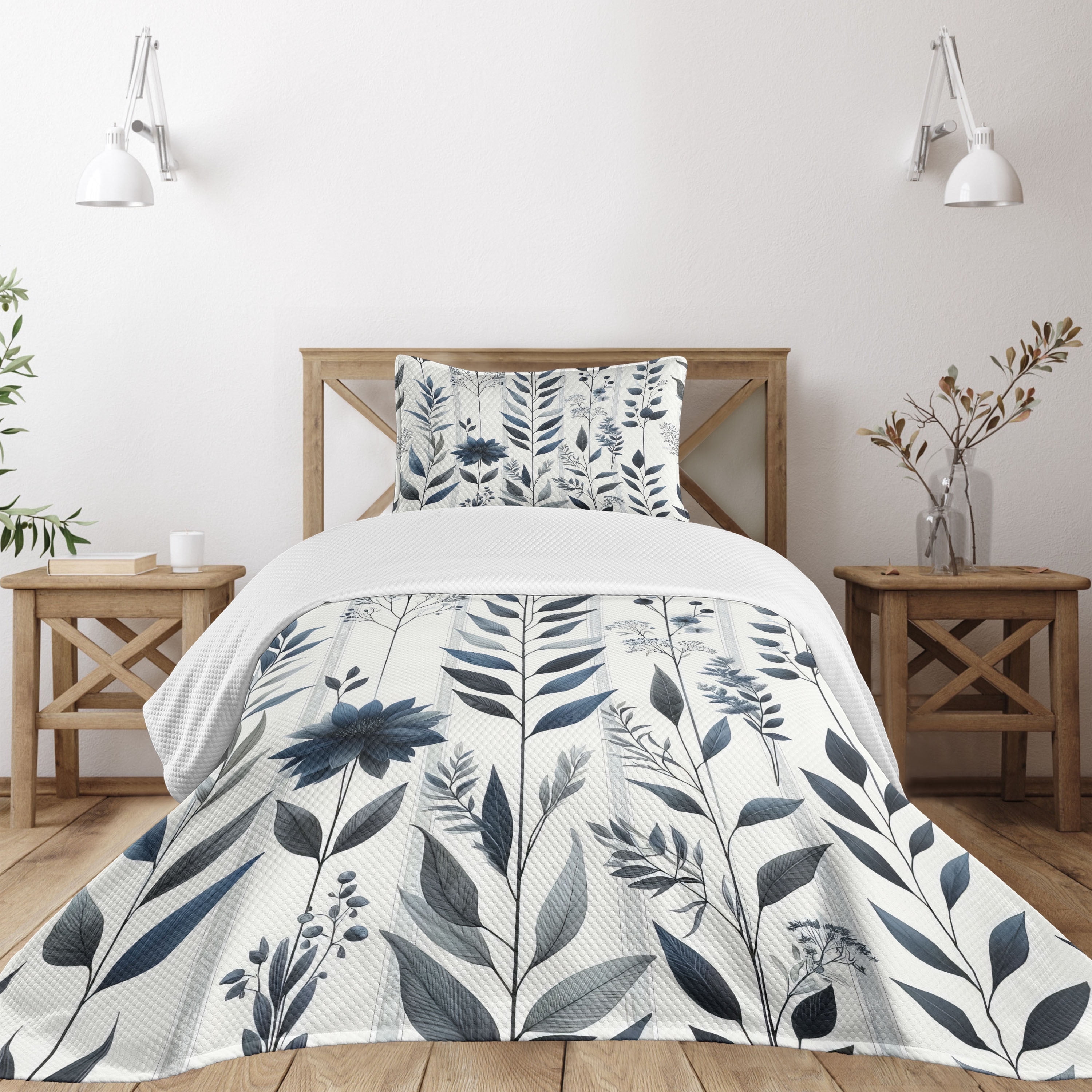 Ambesonne Navy Blue Quilted Bedspread Set 2 Pcs, Minimalistic Botanic ...