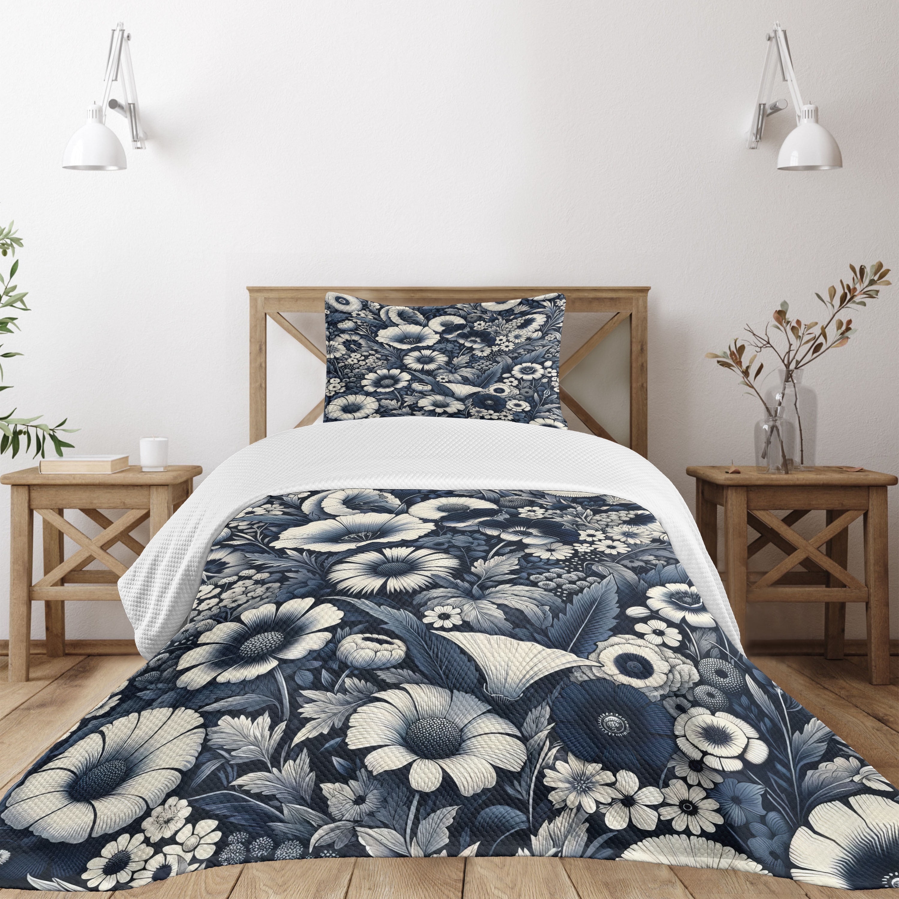 Ambesonne Navy Blue Quilted Bedspread Set 2 Pcs, Night Floral Garden ...