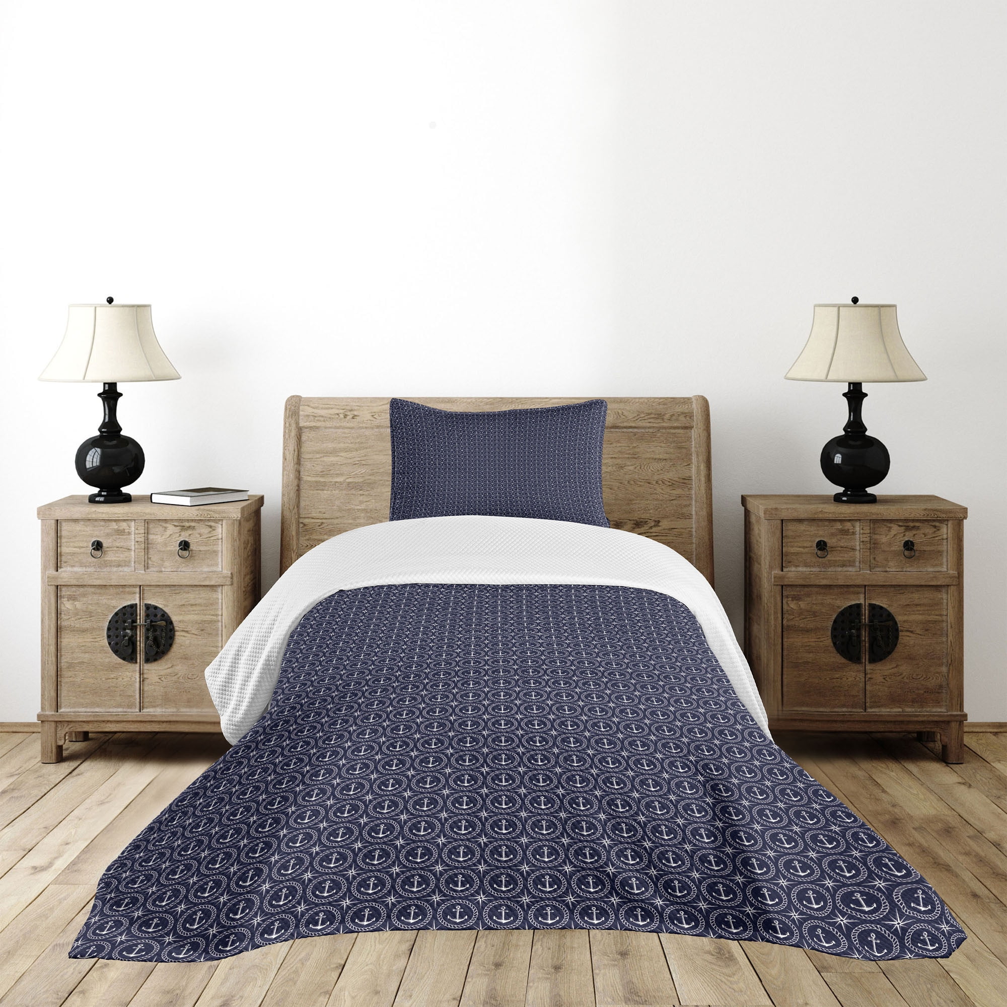 Ambesonne Navy Blue Quilted Bedspread Set 2 Pcs, Windrose and, Twin ...