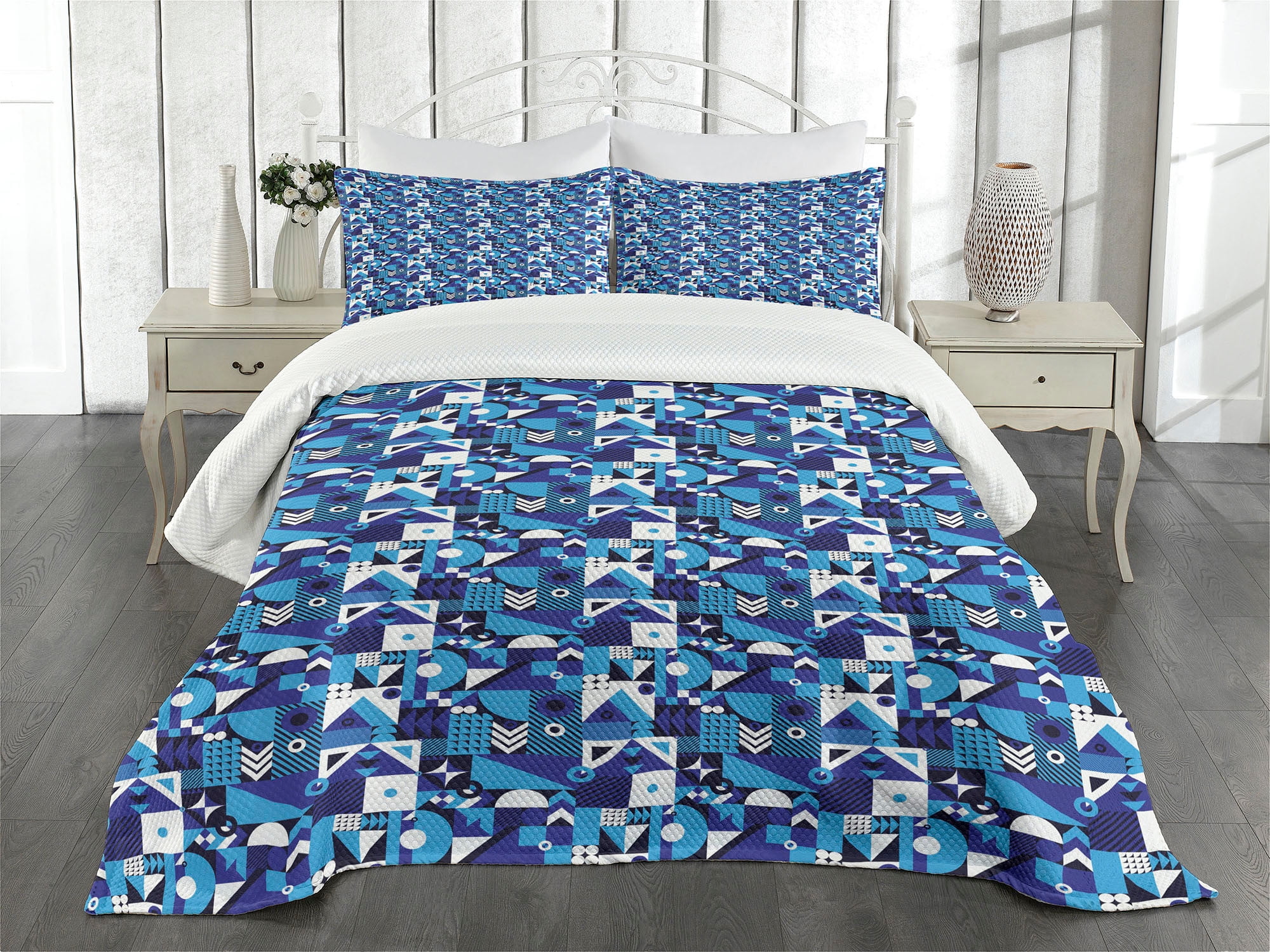 Ambesonne Navy Blue Quilted Bedspread Set 3 Pcs, Contemporary Abstract ...