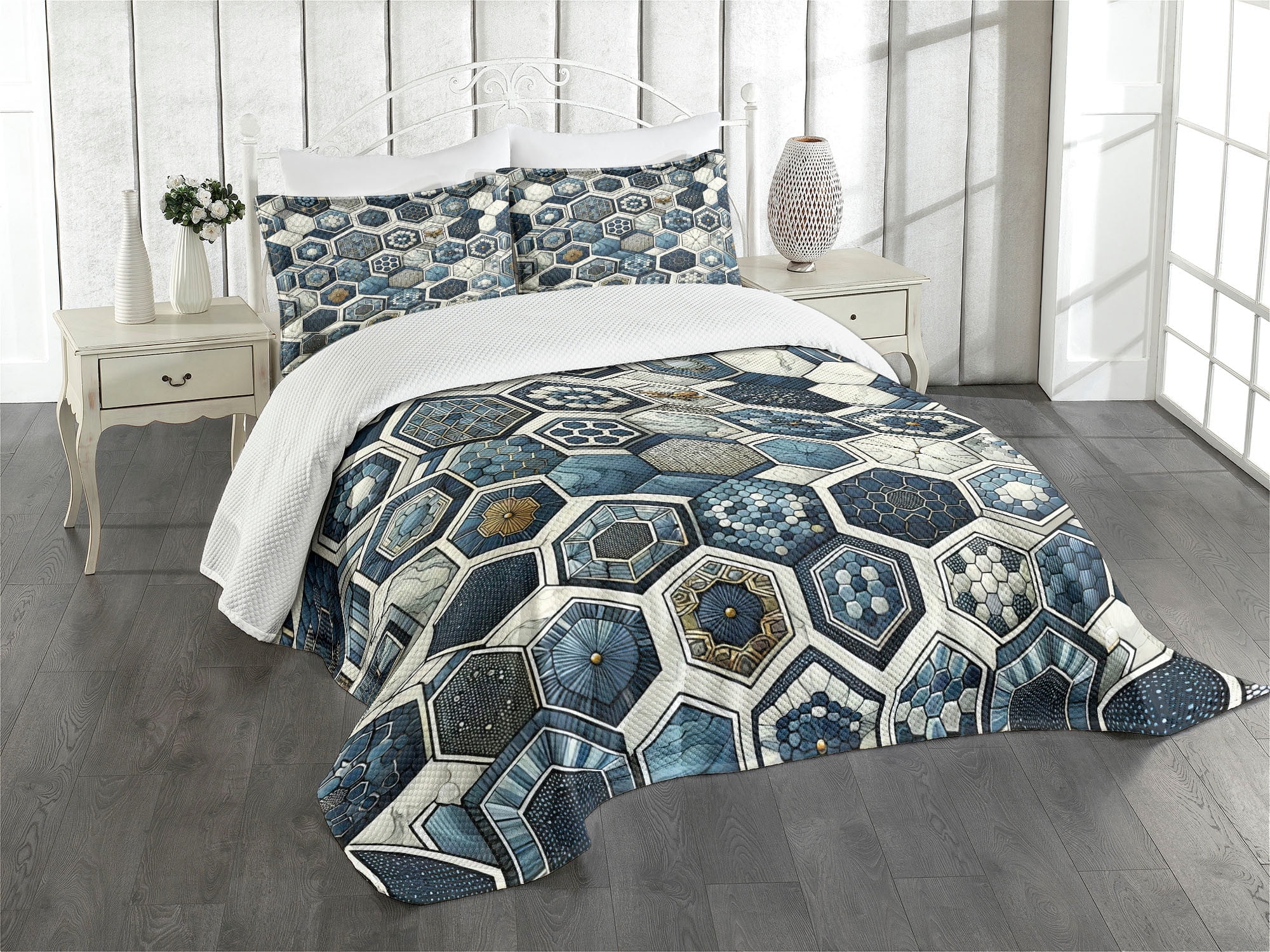 Ambesonne Navy Blue Quilted Bedspread Set 3 Pcs, Exotic Boho Honeycomb ...