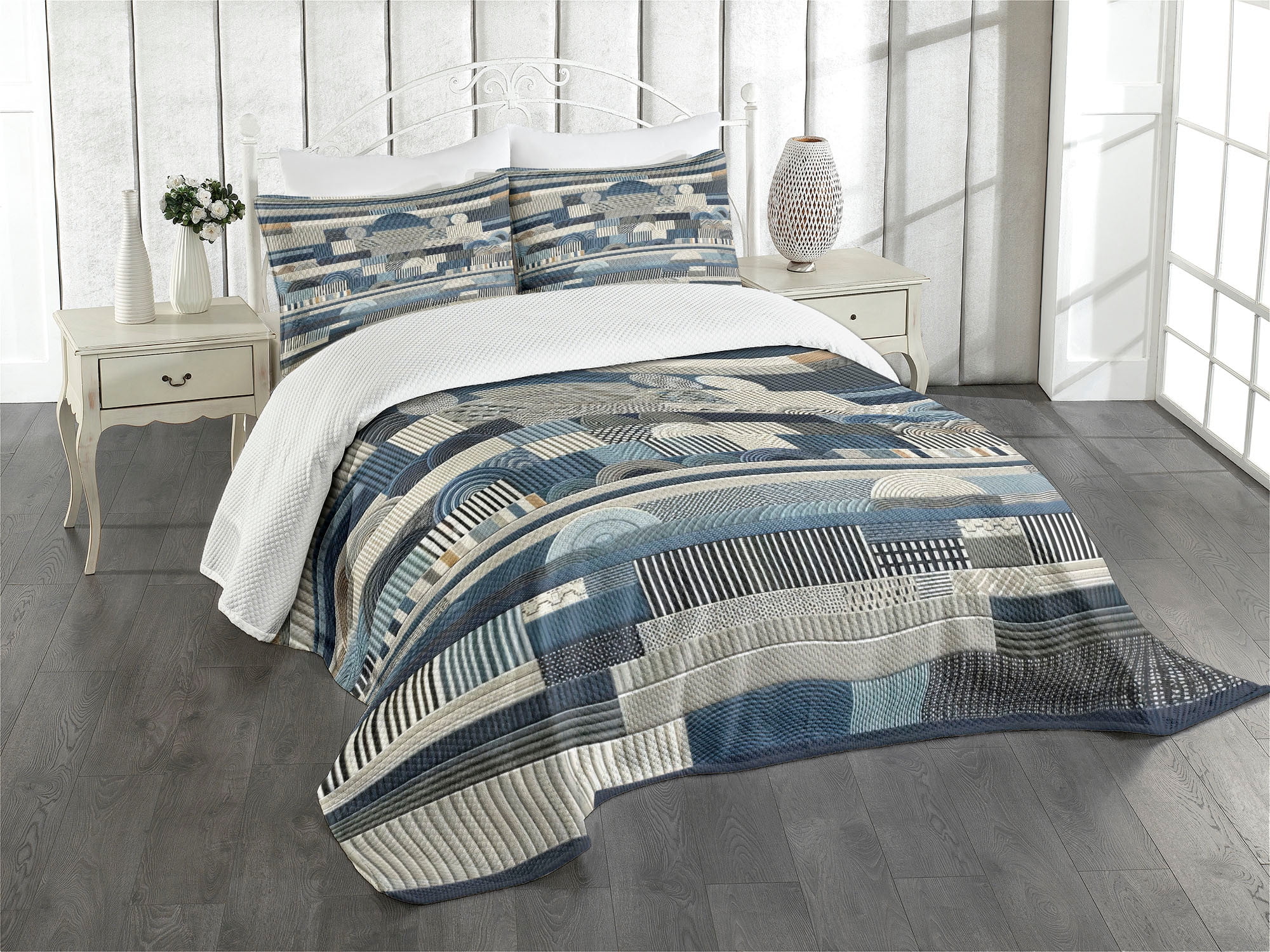 Ambesonne Navy Blue Quilted Bedspread Set 3 Pcs, Geometric Shapes ...