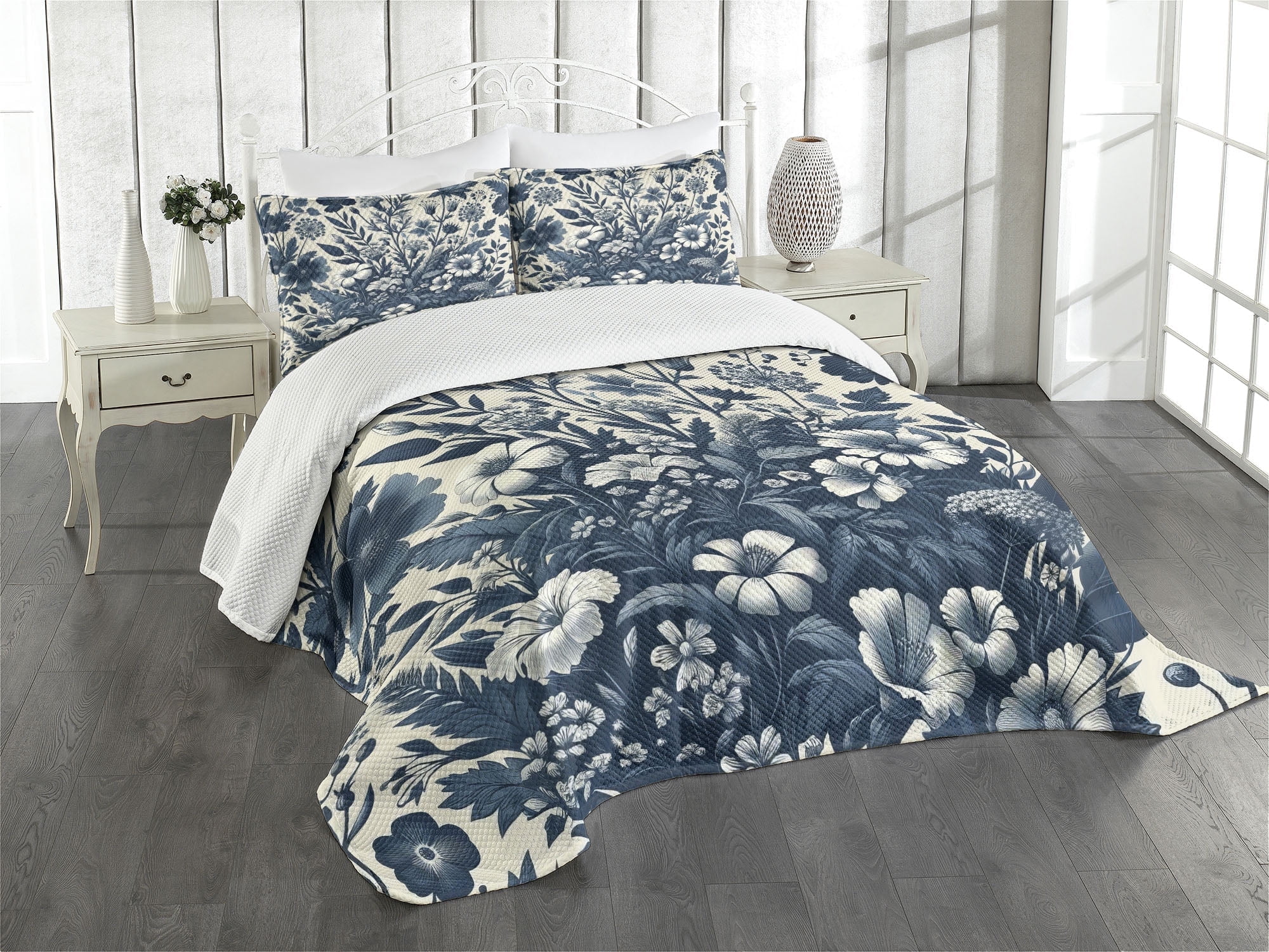 Ambesonne Navy Blue Quilted Bedspread Set 3 Pcs, Monochromatic Boho ...