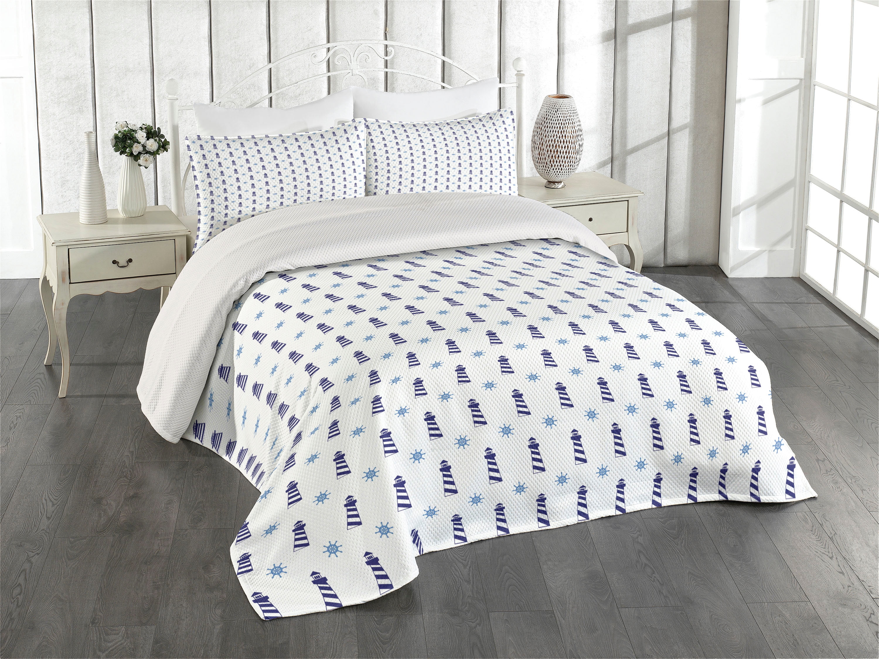 Ambesonne Navy Blue Quilted Coverlet 3 Pcs, Aqua Ornate Pattern, King ...