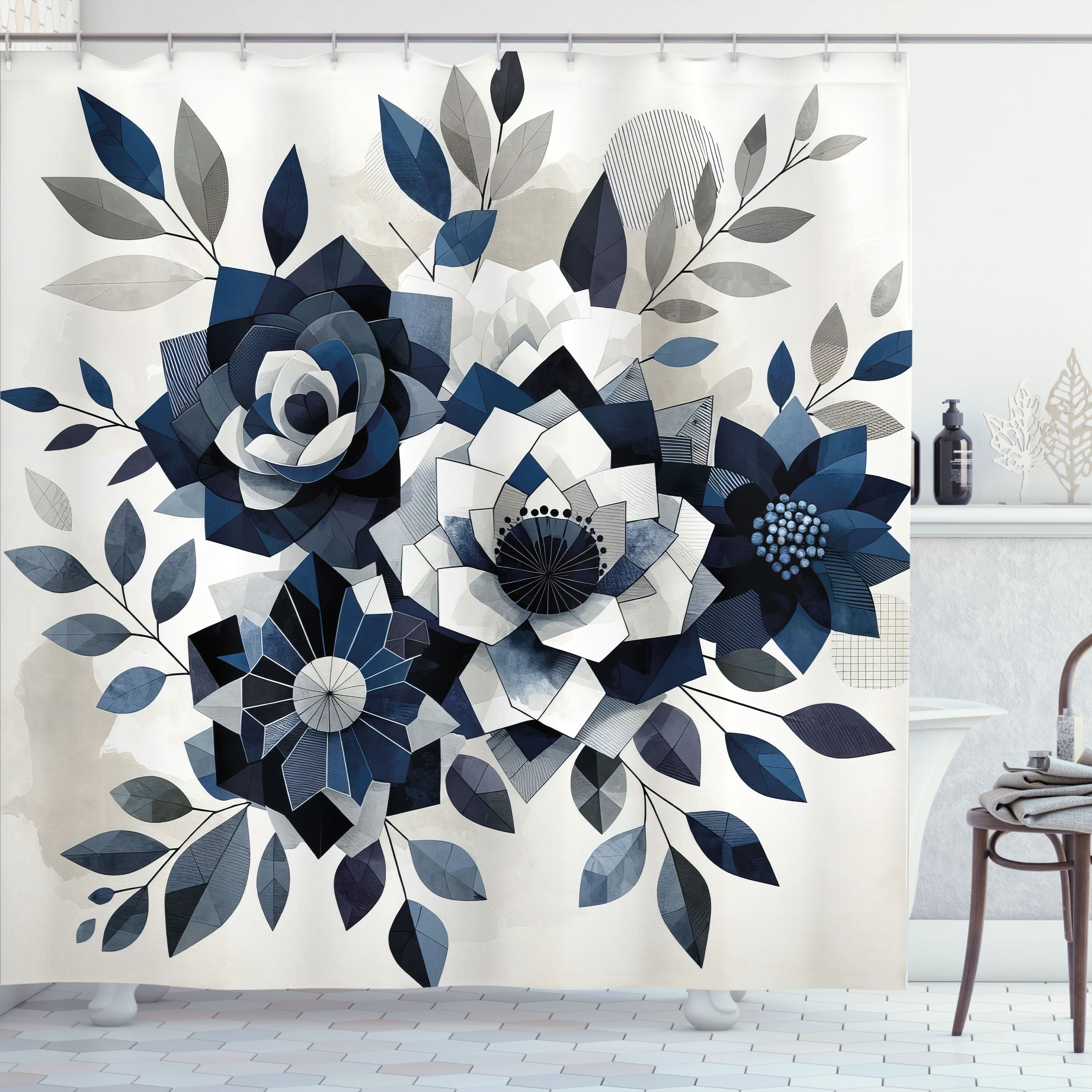 Ambesonne Navy Blue Shower Curtain, Boho Monochrome Flowers, 69"Wx70"L ...