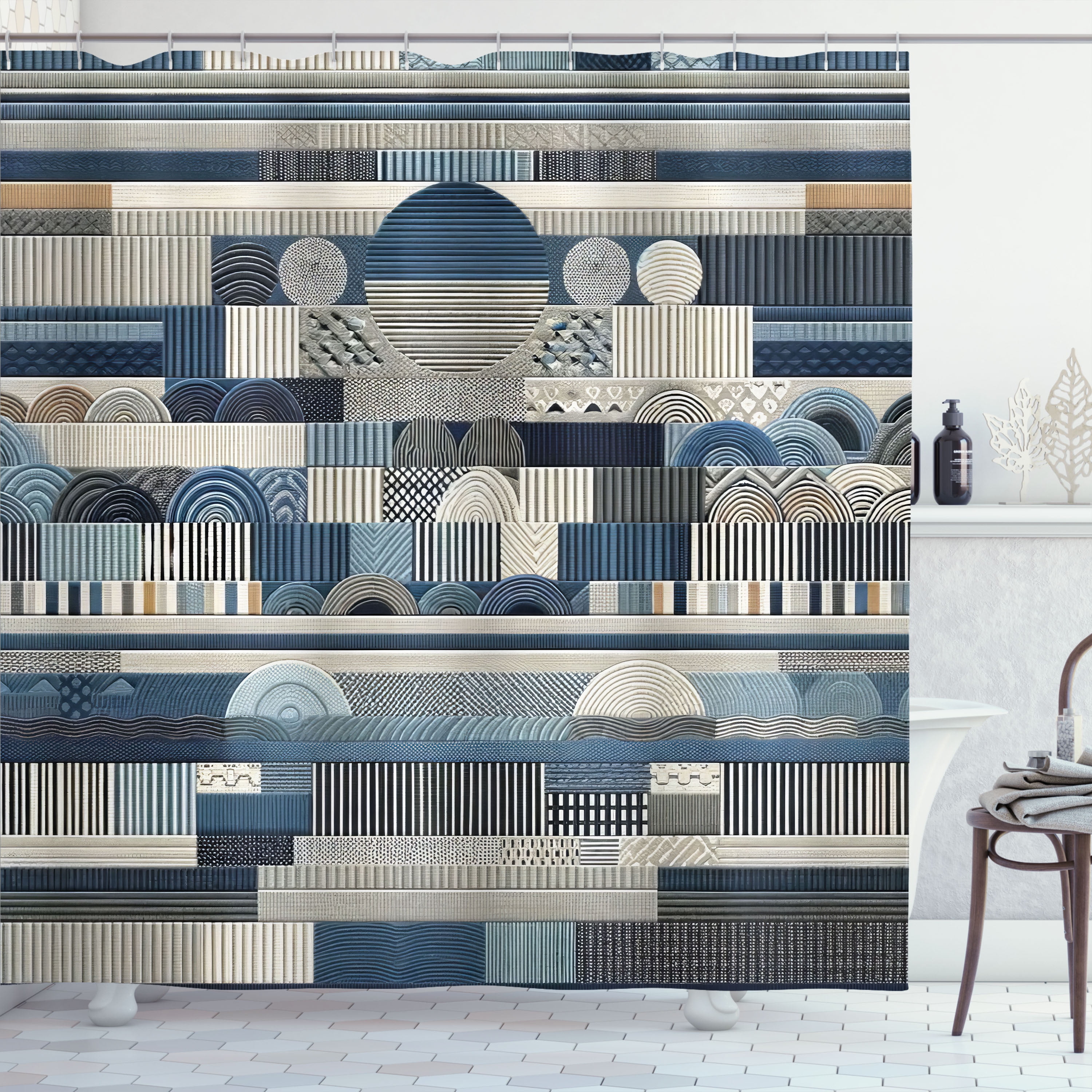Ambesonne Navy Blue Shower Curtain, Geometric Shapes Stripes, 69"Wx84"L ...