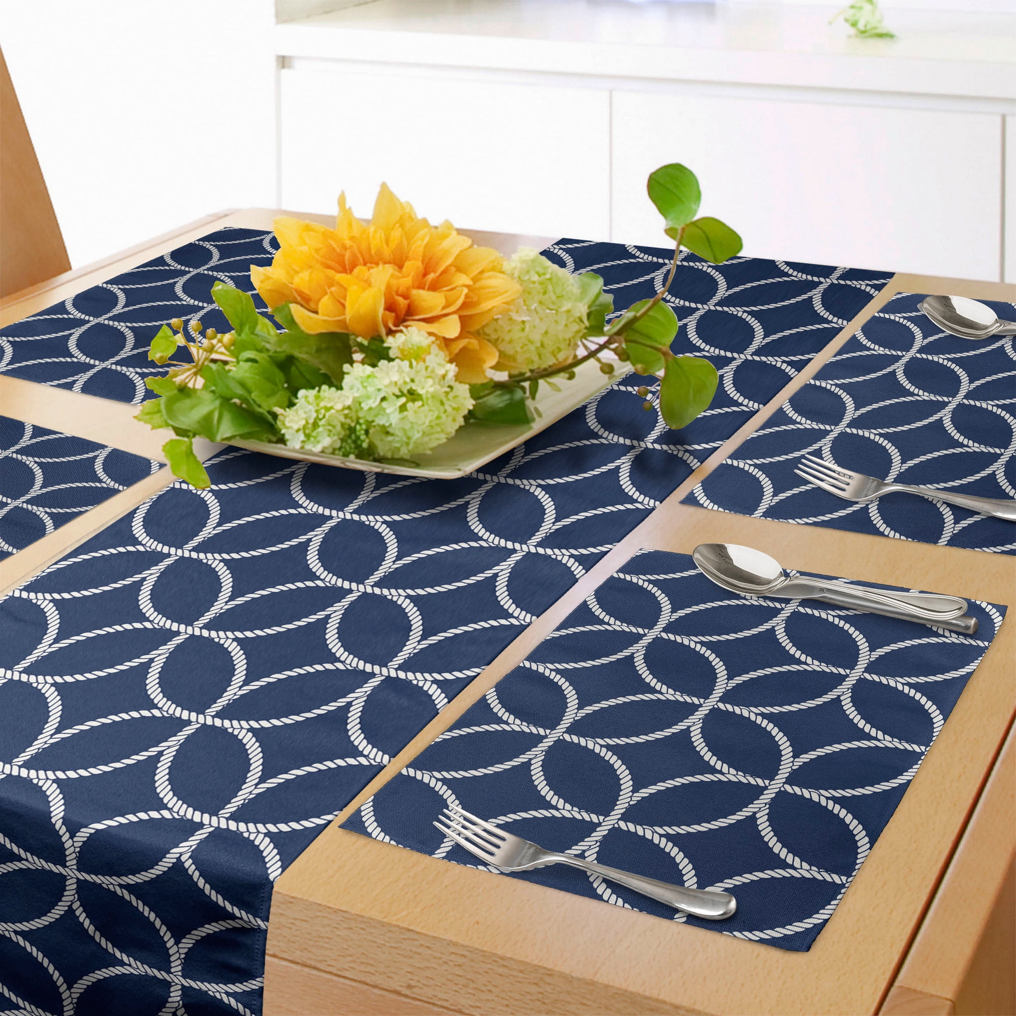 Ambesonne Navy Blue Table Runner & Placemats, Nautical Nested Shapes ...