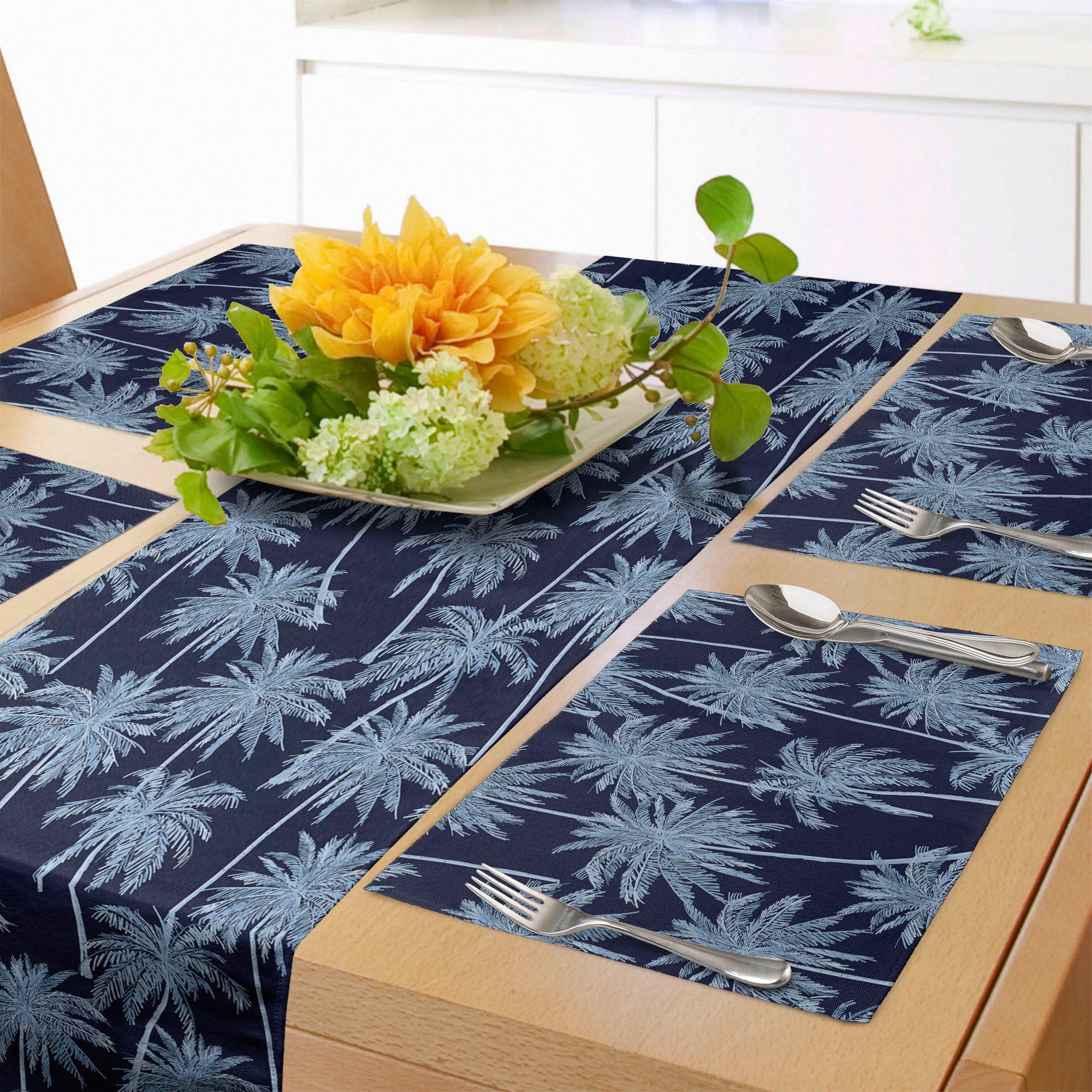 Ambesonne Navy Blue Table Runner & Placemats, Palm Trees Composition ...