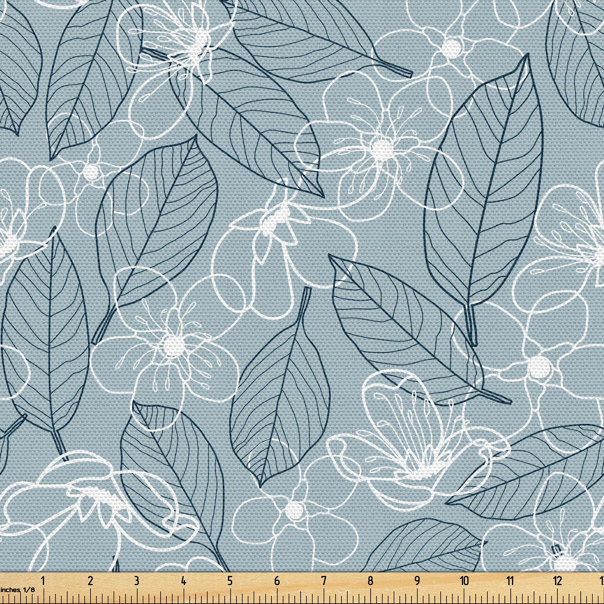 Ambesonne Navy Fabric by the Yard Upholstery, Line Art Flowers Leaves ...