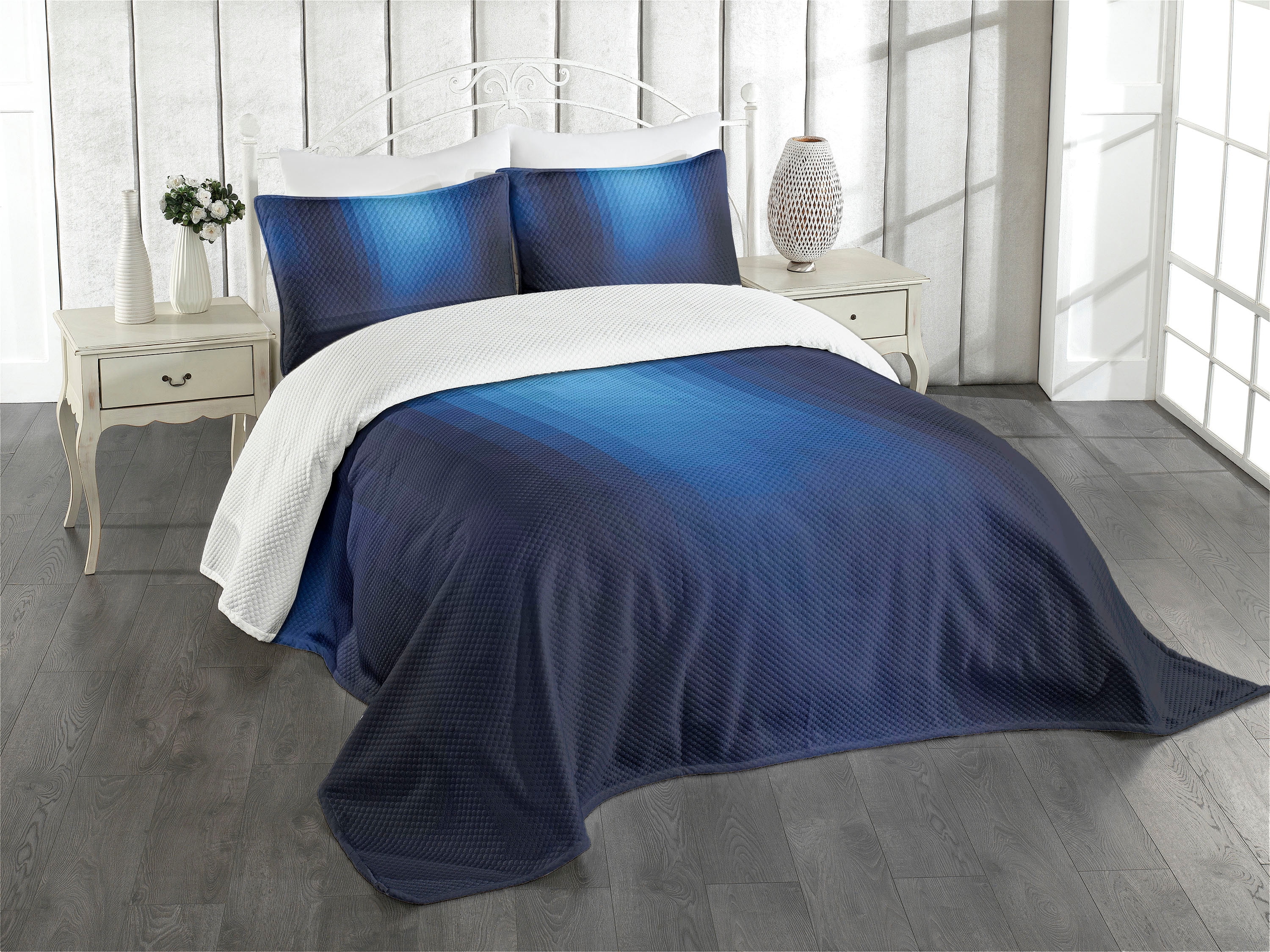 Ambesonne Navy Quilted Bedspread Set 3 Pcs, Blurry Mosaic Pixel Square ...
