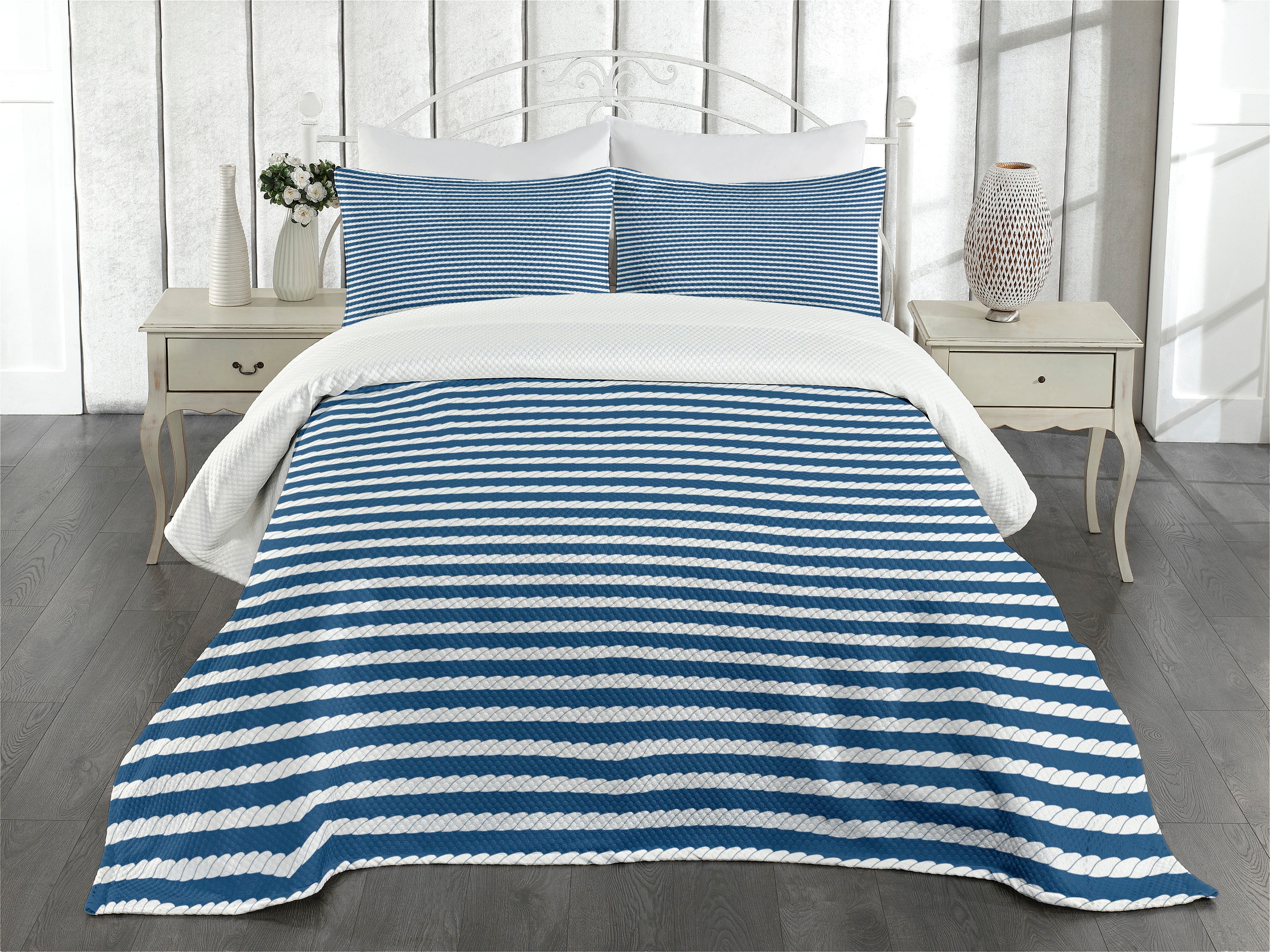Ambesonne Navy Quilted Bedspread Set 3 Pcs, Stripes Pattern, Queen Size ...