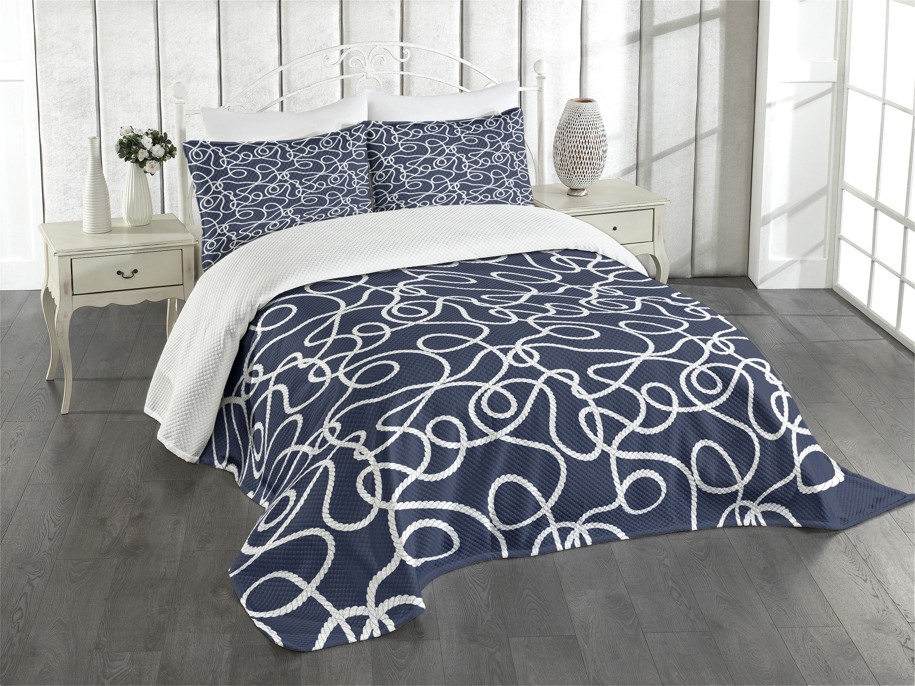 Ambesonne Navy Quilted Bedspread Set 3 Pcs, Tangled Ocean Marine Theme ...