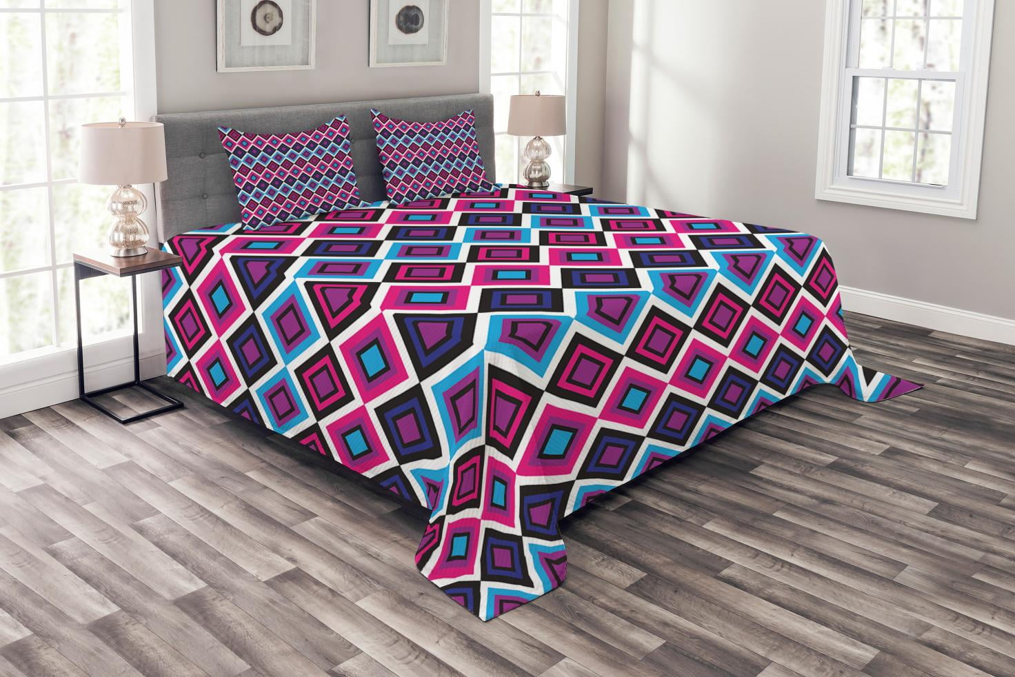 Ambesonne Navy and Blush Quilted Bedspread Set 3 Pcs, Psychedelic Lines ...