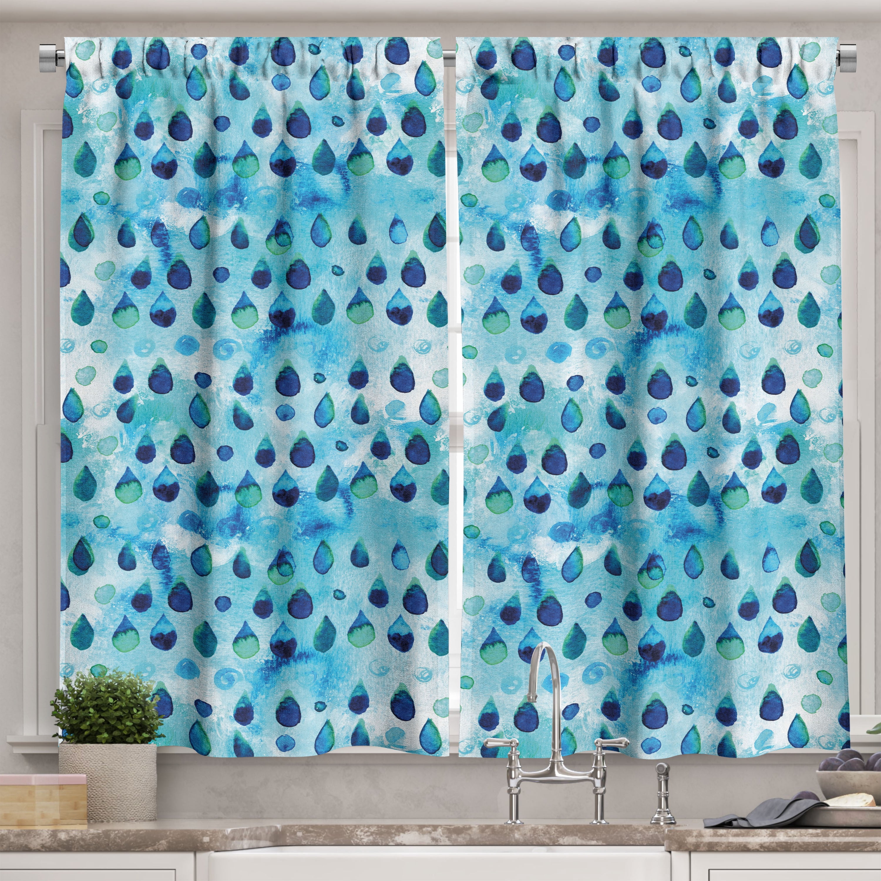 Ambesonne Navy and Teal Kitchen Curtains, Waterdrops Quirky, 55"x45 ...