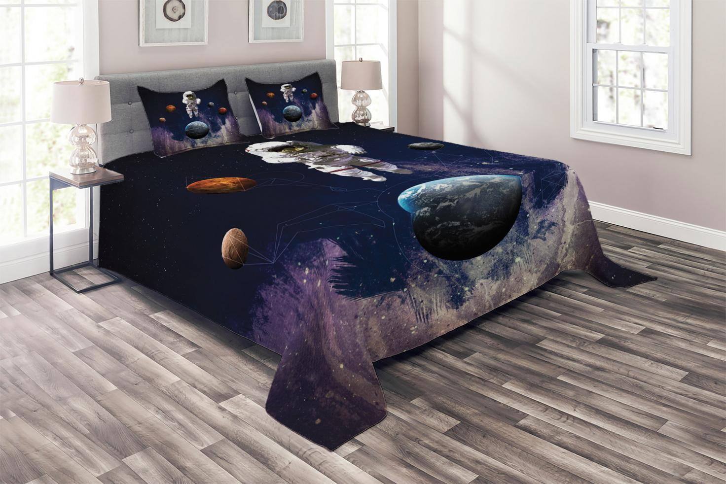 Ambesonne Nebula Quilted Coverlet 3 Pcs, Planets Astronaut Space, Queen ...