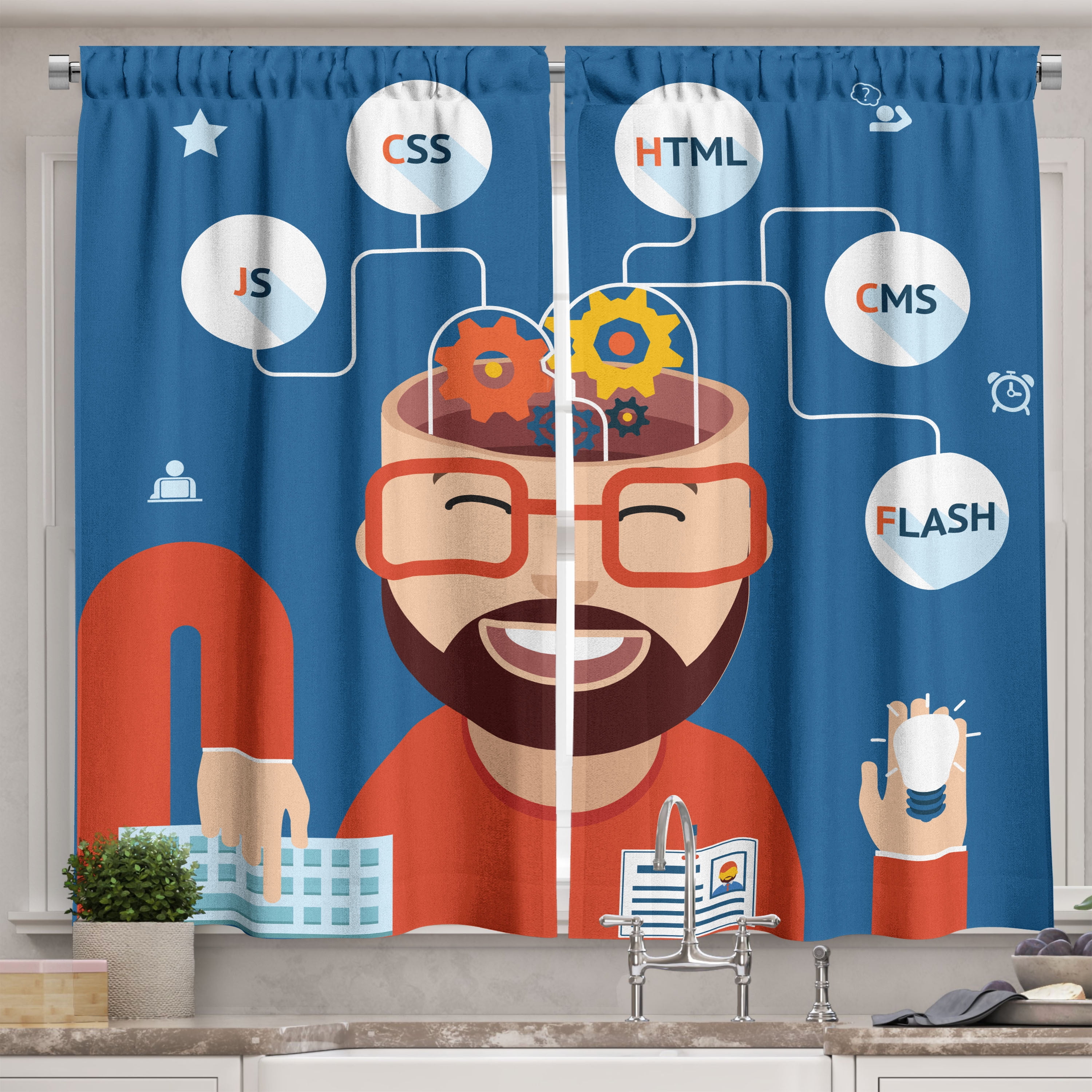 Ambesonne Nerd Kitchen Curtains, Web Developer Computer Cartoon, 55"x45 ...