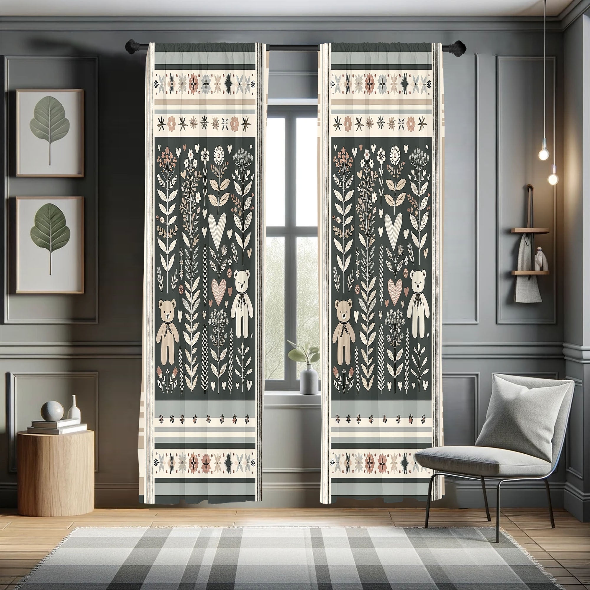 Ambesonne Neutral Curtains 2 Panel Set, Bear Nordic Botanical Motif ...