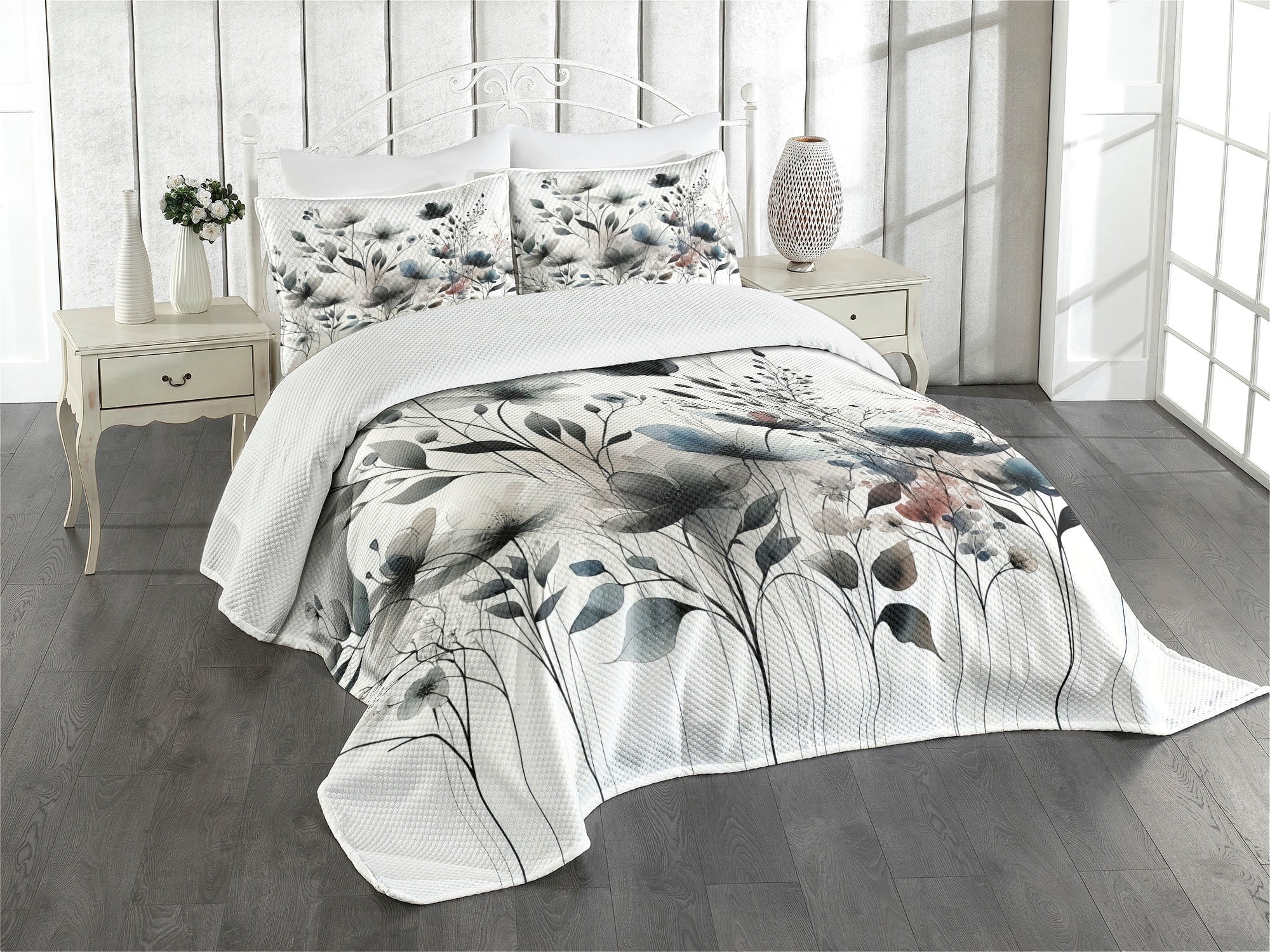 Ambesonne Neutral Quilted Bedspread Set 3 Pcs, Soft Hues Flowers ...