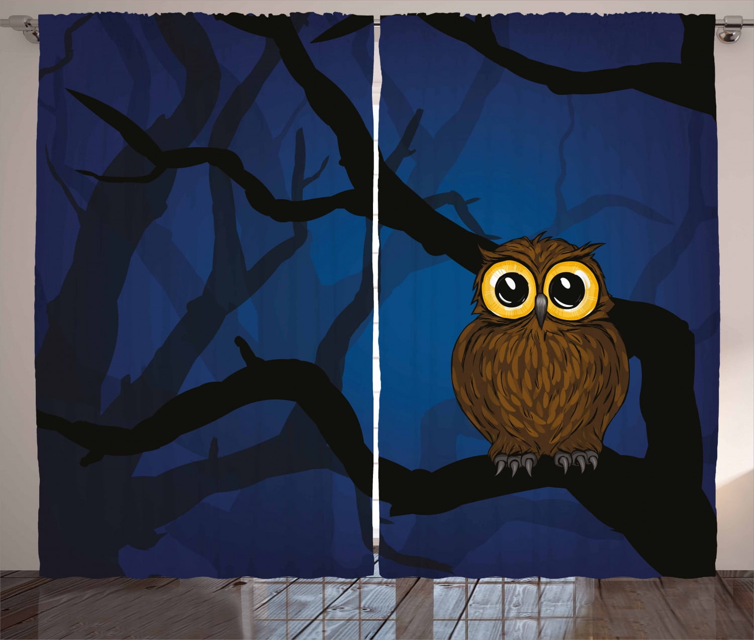Ambesonne Night Curtains 2 Panel Set, Owl on Tree Branch, 108" x 96 ...