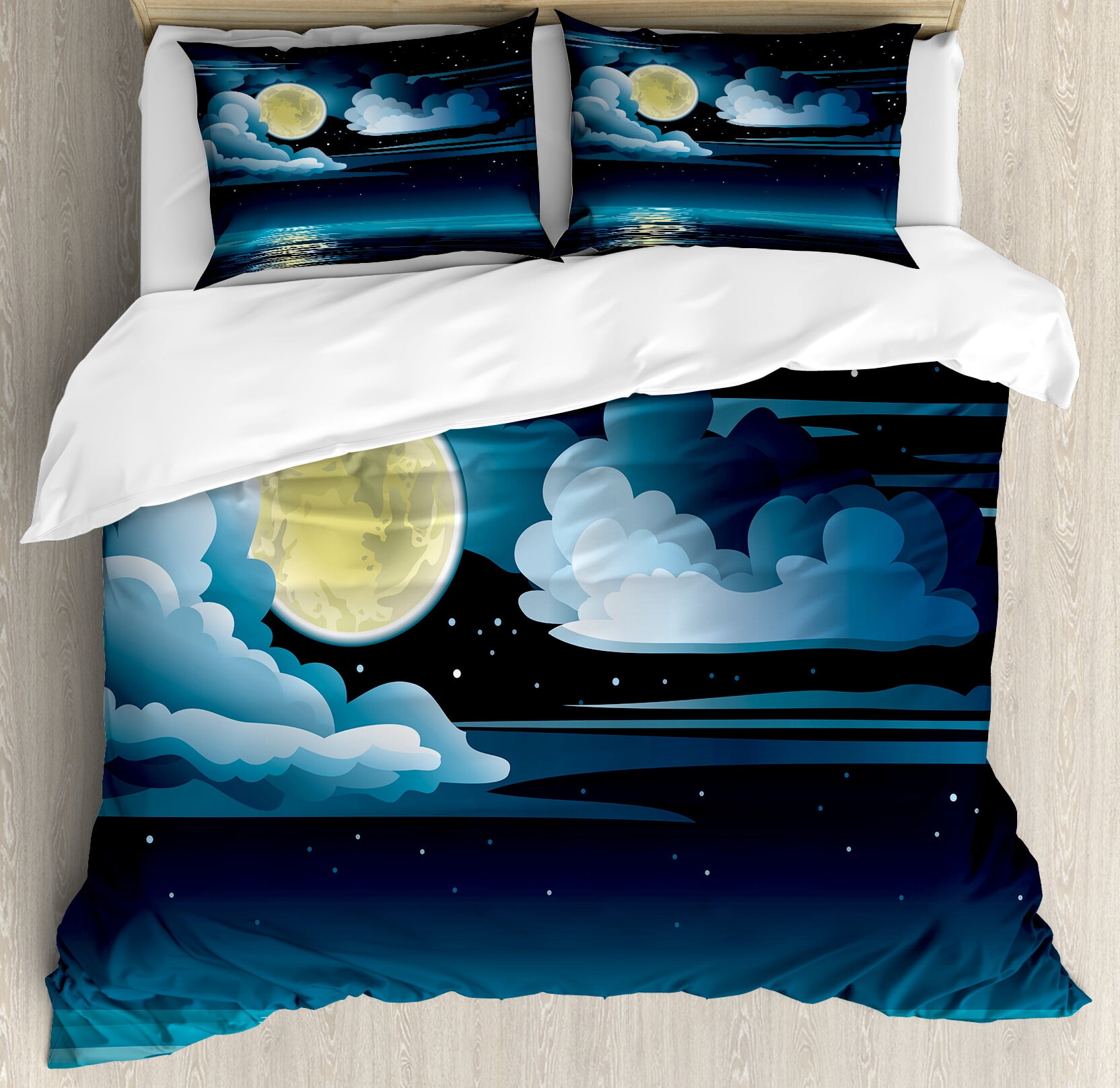 Ambesonne Night Duvet Cover Set, Clouds Full Moon Stars, Queen, Black ...