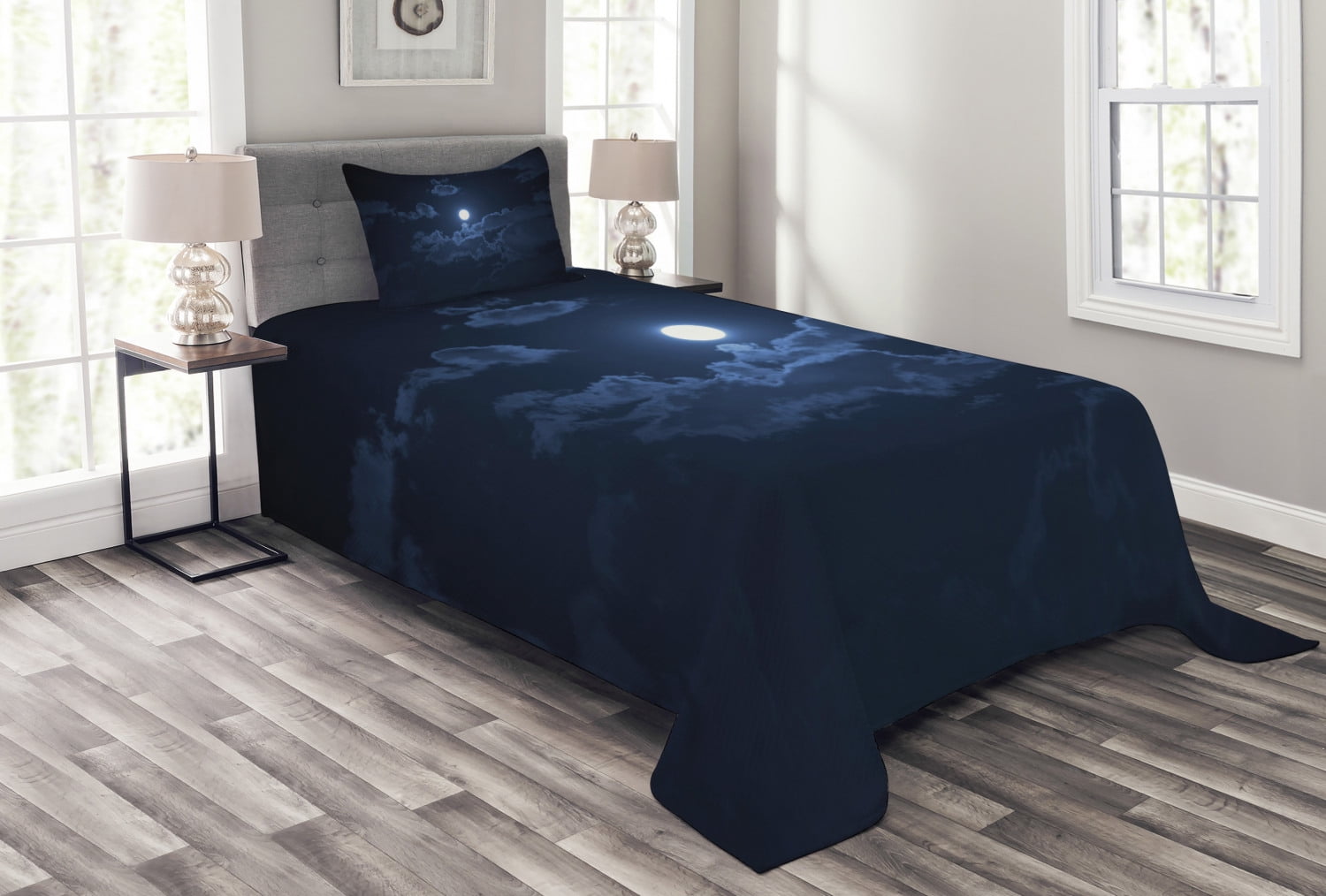 Ambesonne Night Quilted Bedspread Set 2 Pcs, Full Moon Dark Clouds Fog ...