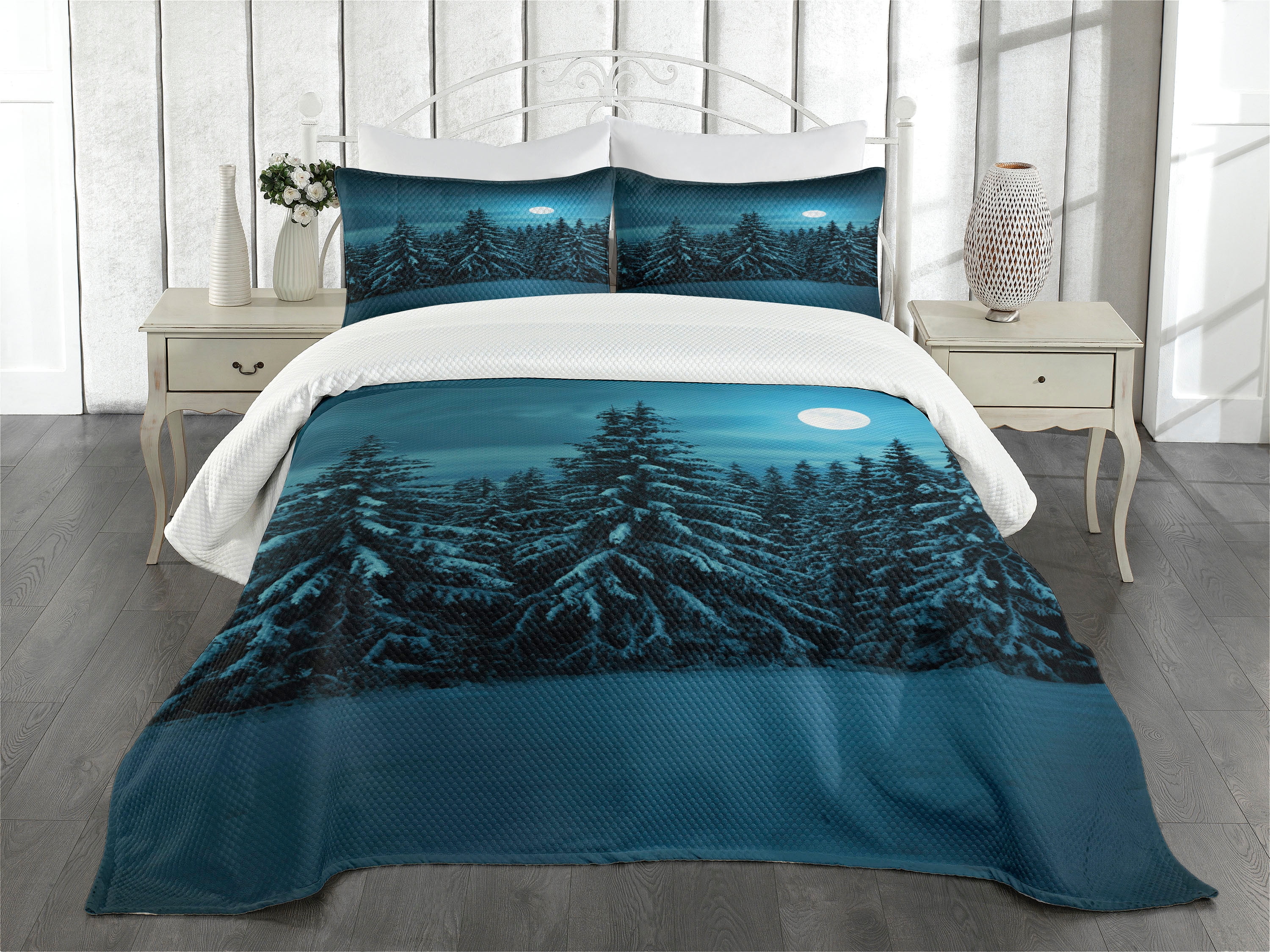 Ambesonne Night Quilted Bedspread Set 3 Pcs, Tranquil Snowy Woodland ...
