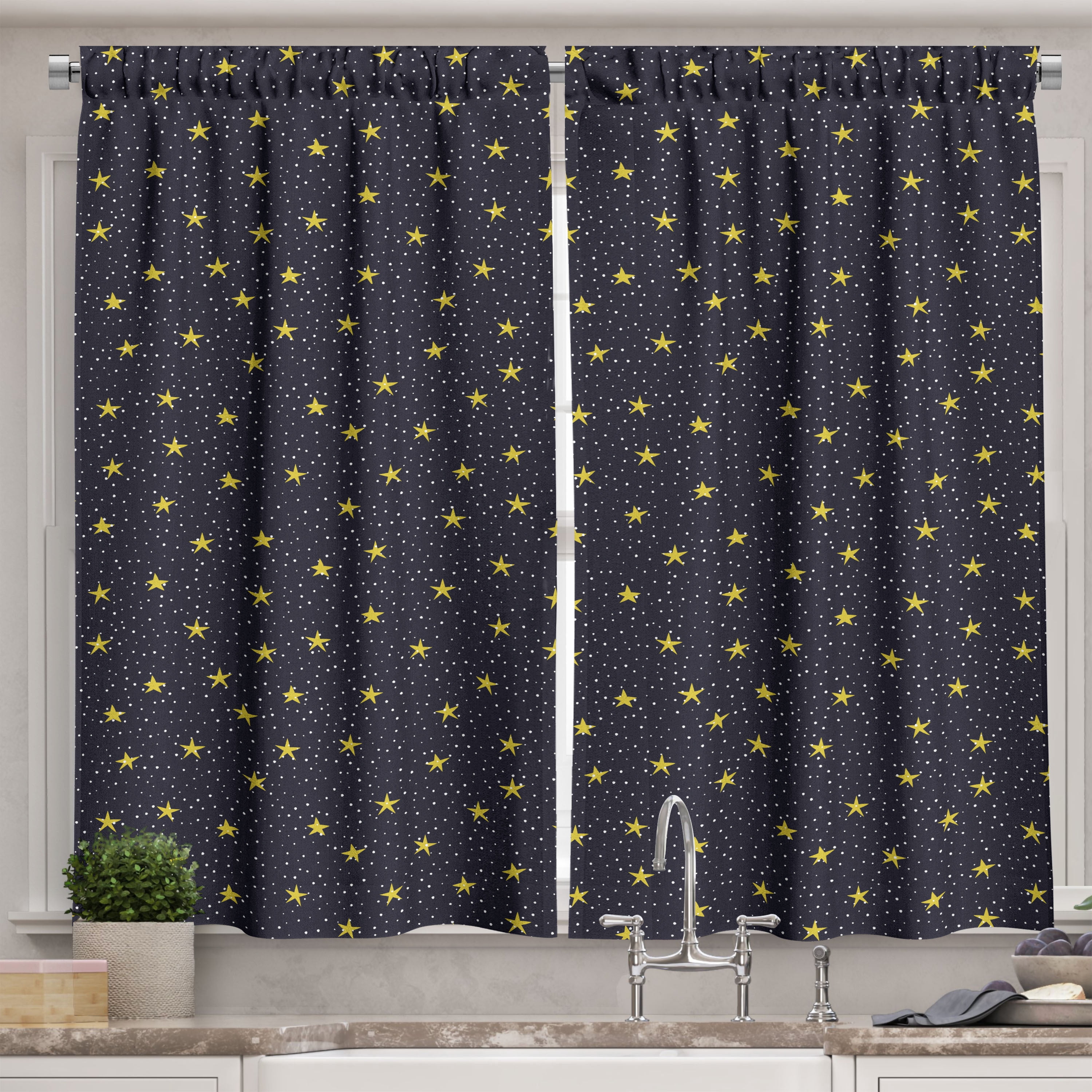 Ambesonne Night Sky Kitchen Curtains, Yellow Stars and Dots, 55"x39 ...