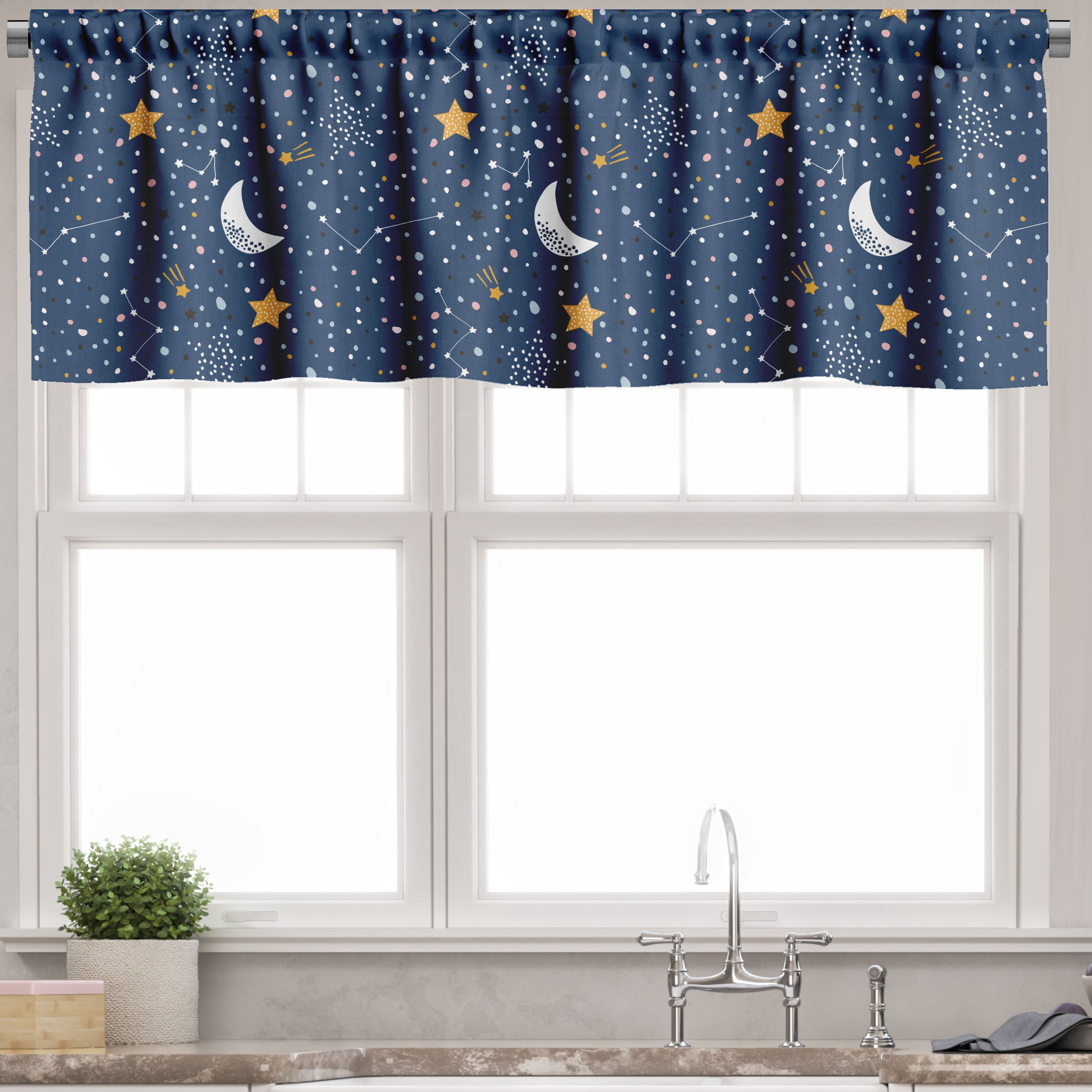 Ambesonne Night Sky Window Valance, Doodle Style Moon Stars, 54" X 18 ...