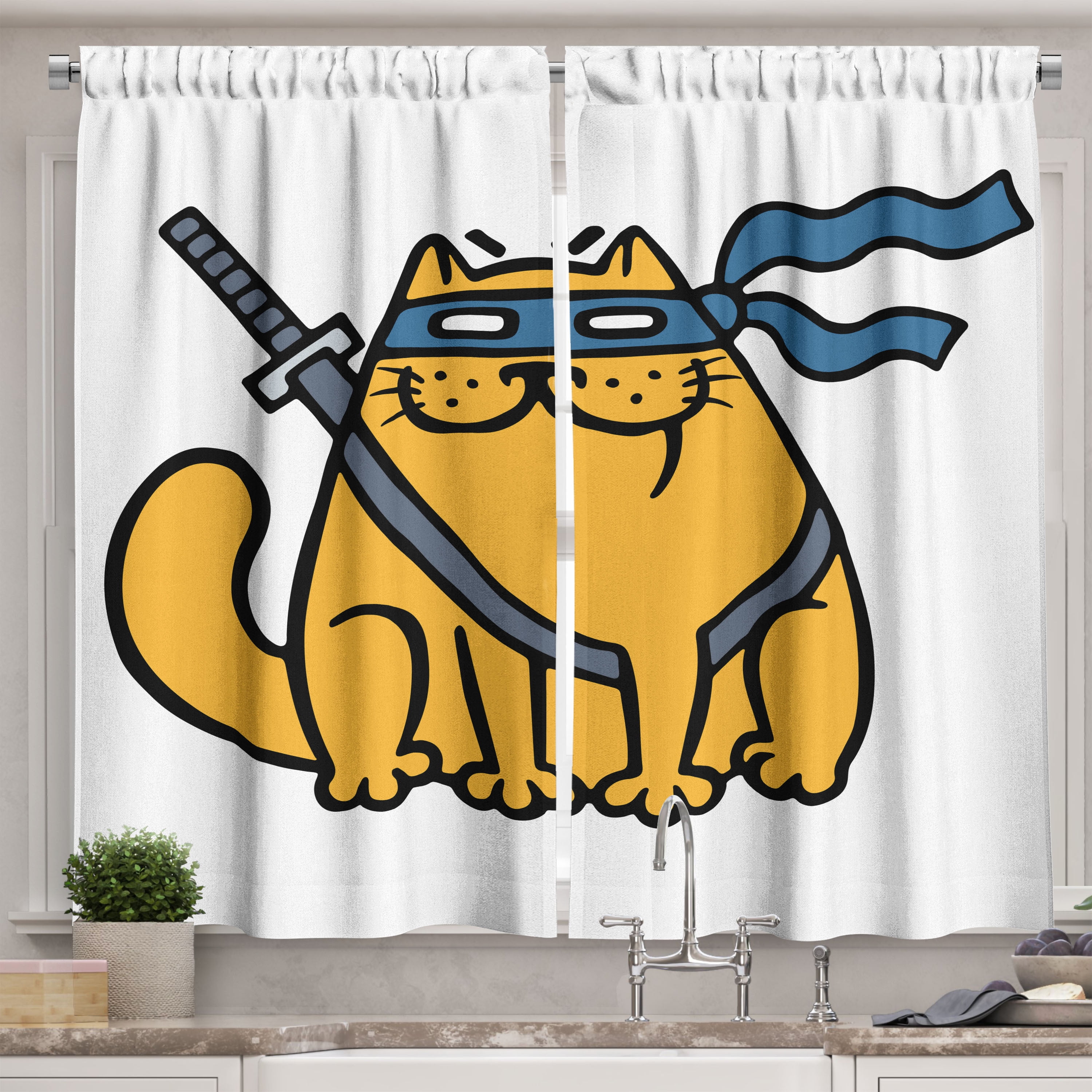 Ambesonne Ninja Cat Kitchen Curtains, Hero Pet with Blindfold, 55"x39 ...