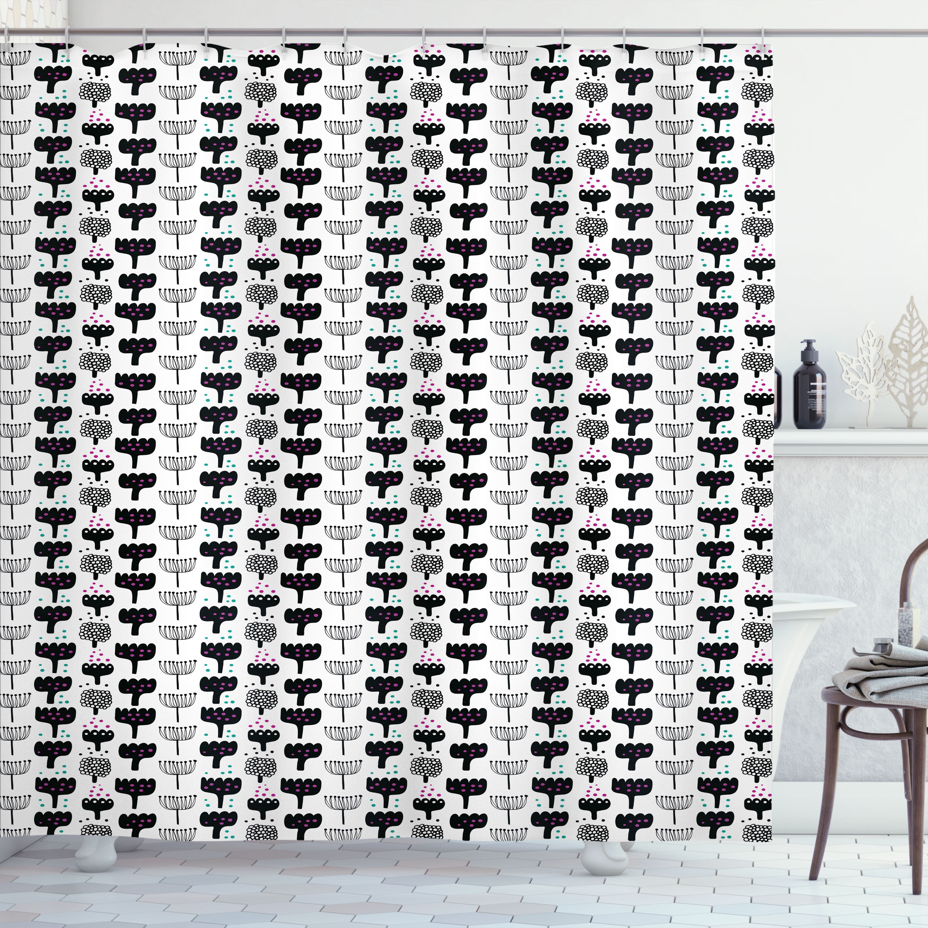 Ambesonne Nordic Shower Curtain, Scandinavian Flowers, 69"Wx84"L, Black ...