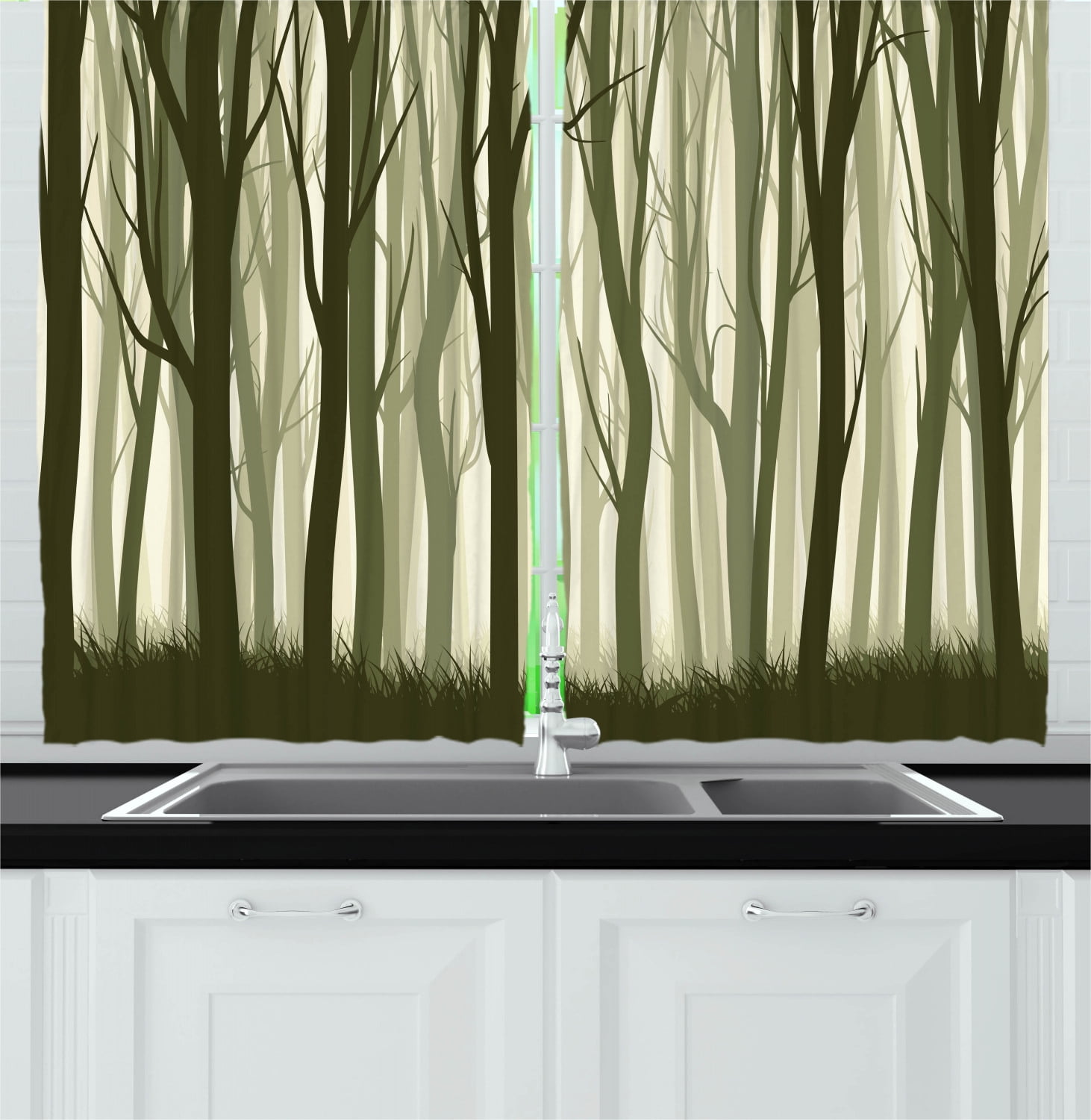 Ambesonne Occult Kitchen Curtains, Mother Nature Forest, 55"x39", Army ...