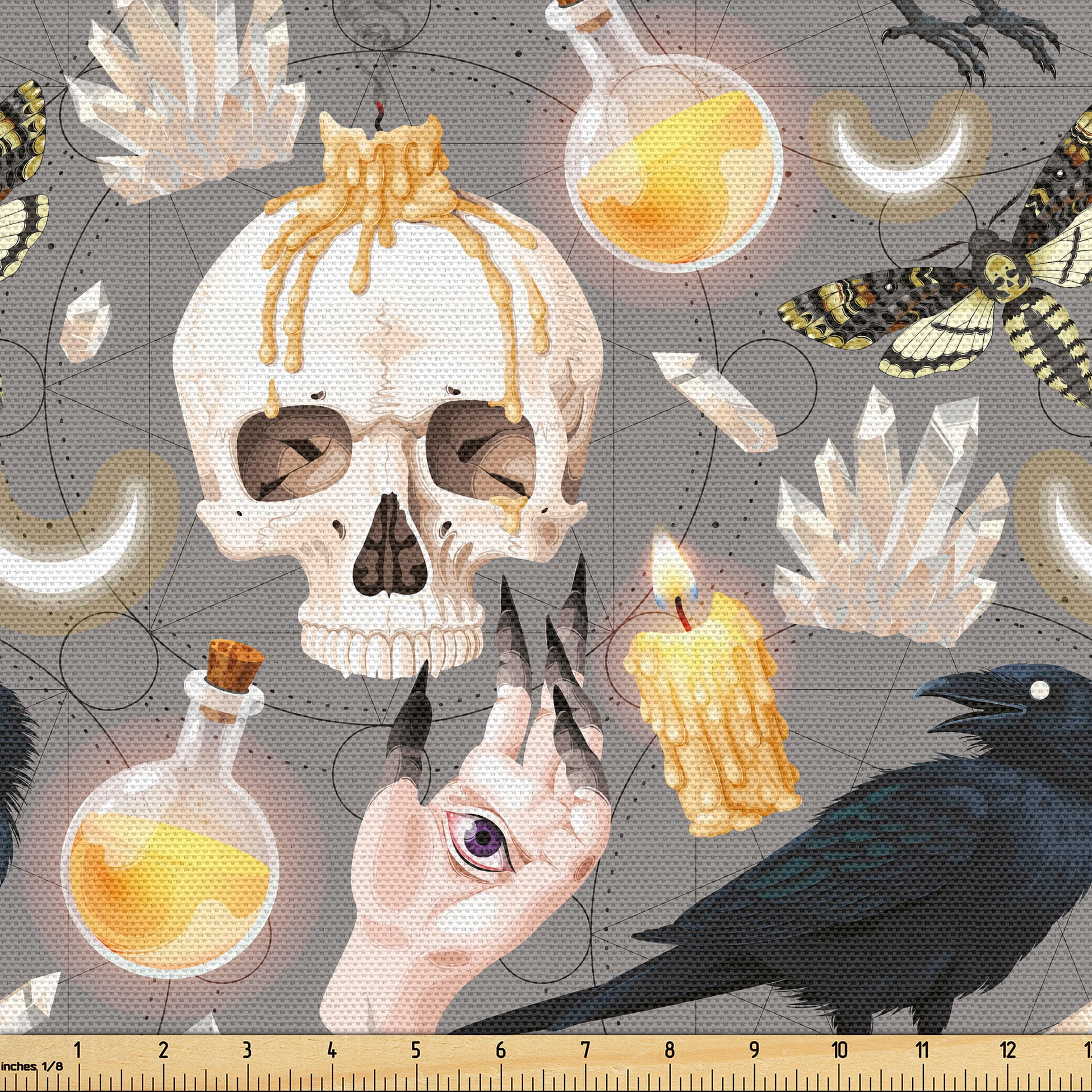 Ambesonne Occult Vibes Fabric by the Yard Upholstery, Raven Skull Moth ...