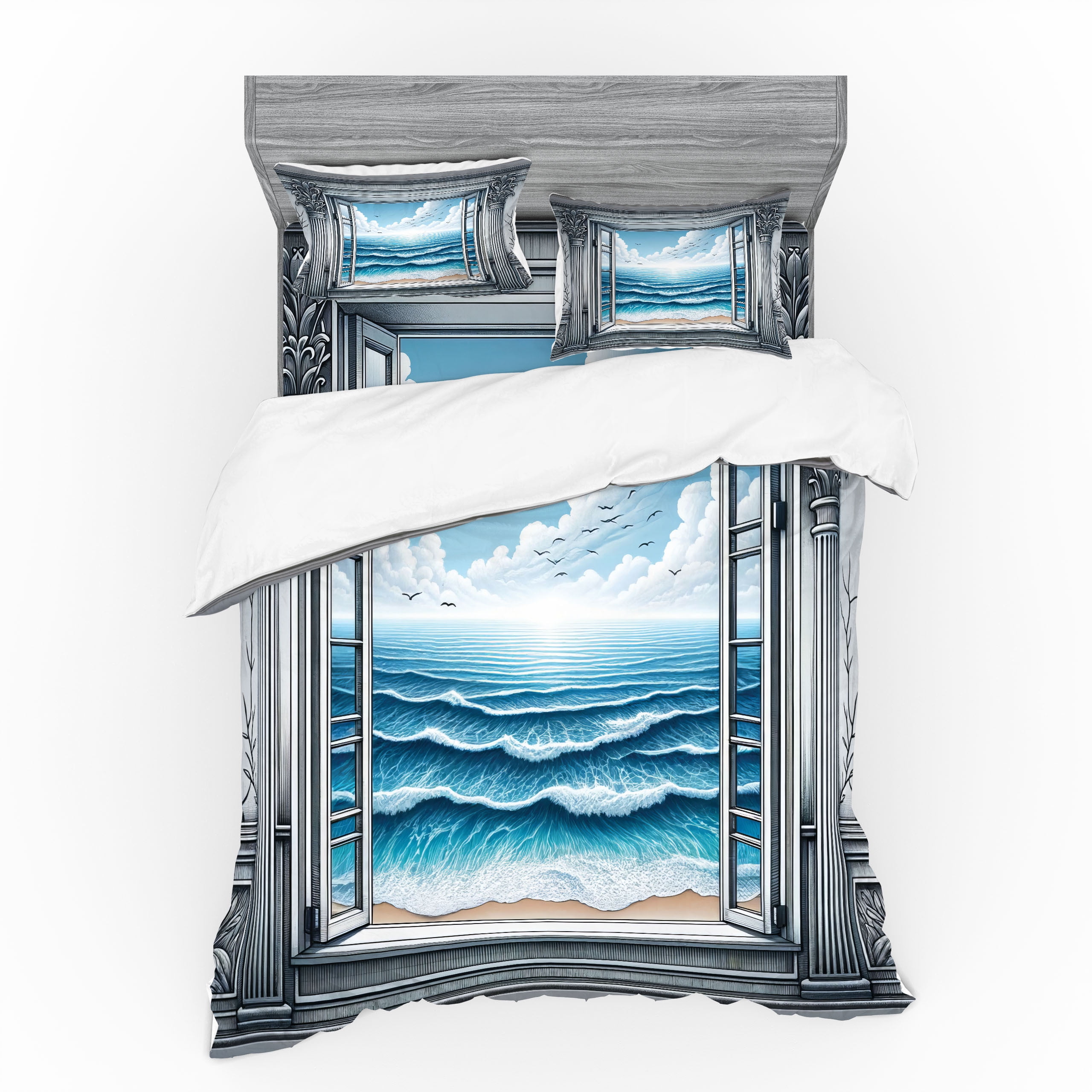 Ambesonne Ocean Bedding Set 4 Pcs, Historic Window Sea Scenery, Queen ...