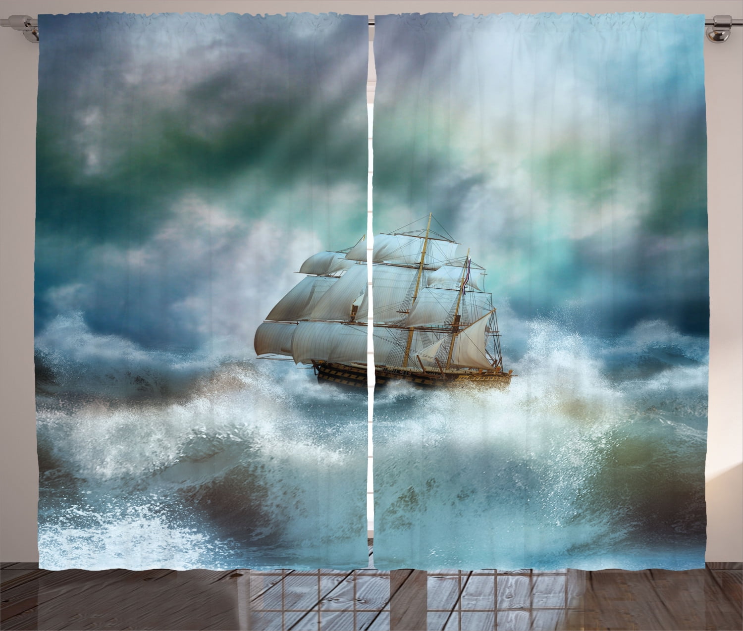 Ambesonne Ocean Curtains 2 Panel Set, Pirate Ship on Wavy Sea, 108" x ...
