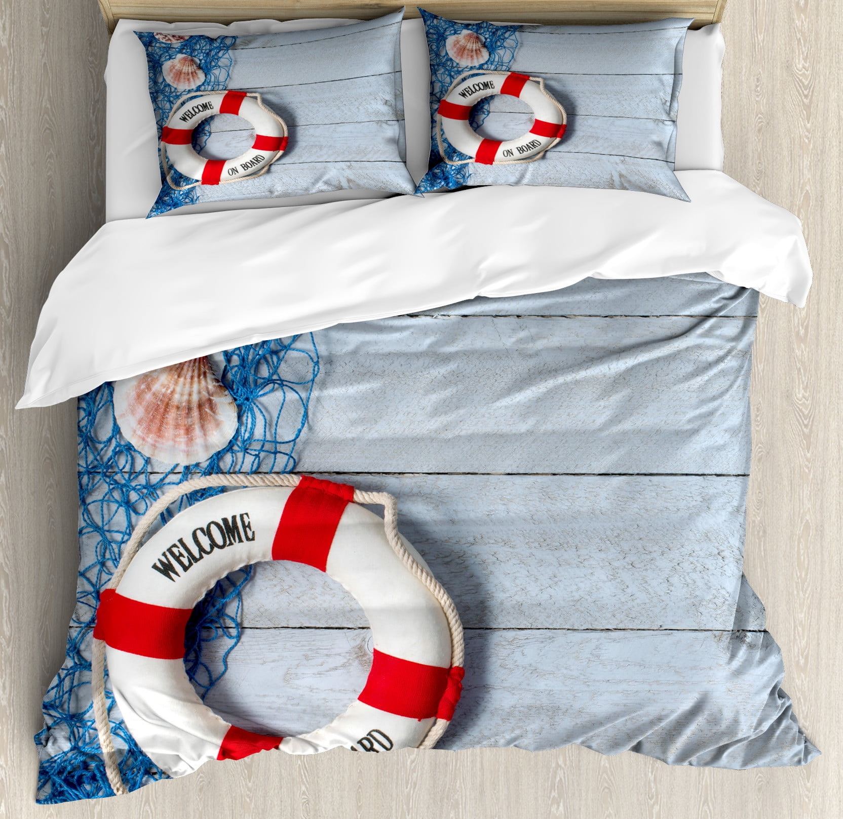 Ambesonne Ocean Duvet Cover Set, Fishing Net Wood Seashell, 2-Calking ...