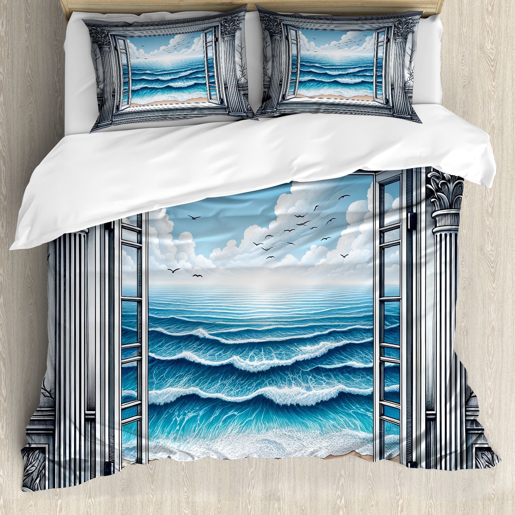 Ambesonne Ocean Duvet Cover Set, Historic Window Sea Scenery, Queen ...