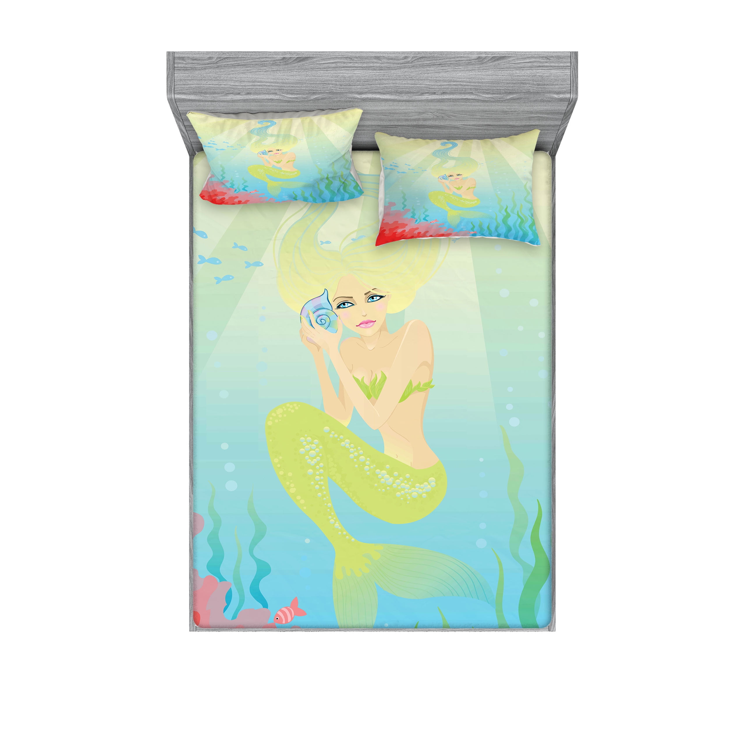 Ambesonne Ocean Fitted Sheet & Pillow Sham Set, Unusual Mermaid Shell ...