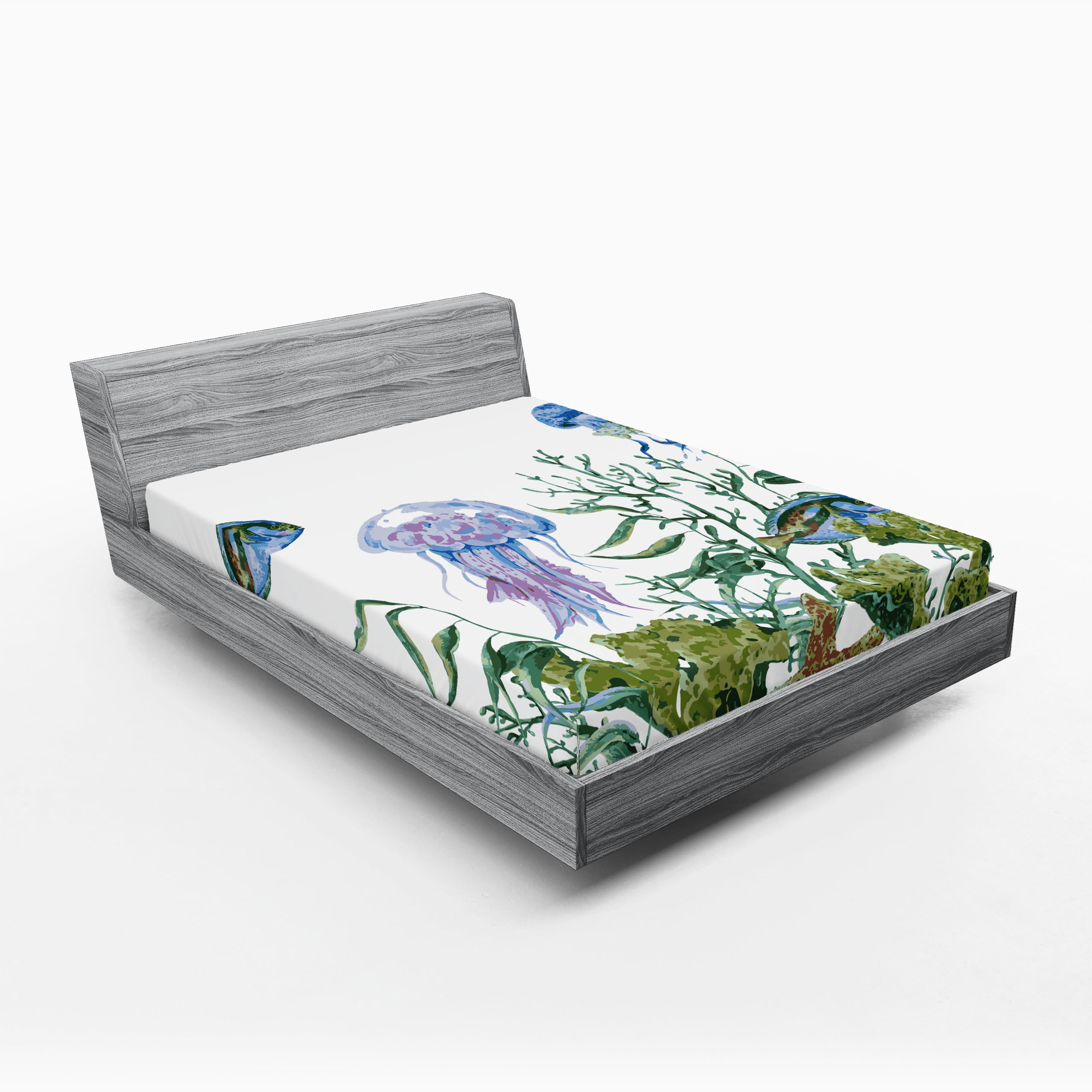 Ambesonne Ocean Fitted Sheet, Seaweed Jellyfish Fish, Queen Size ...