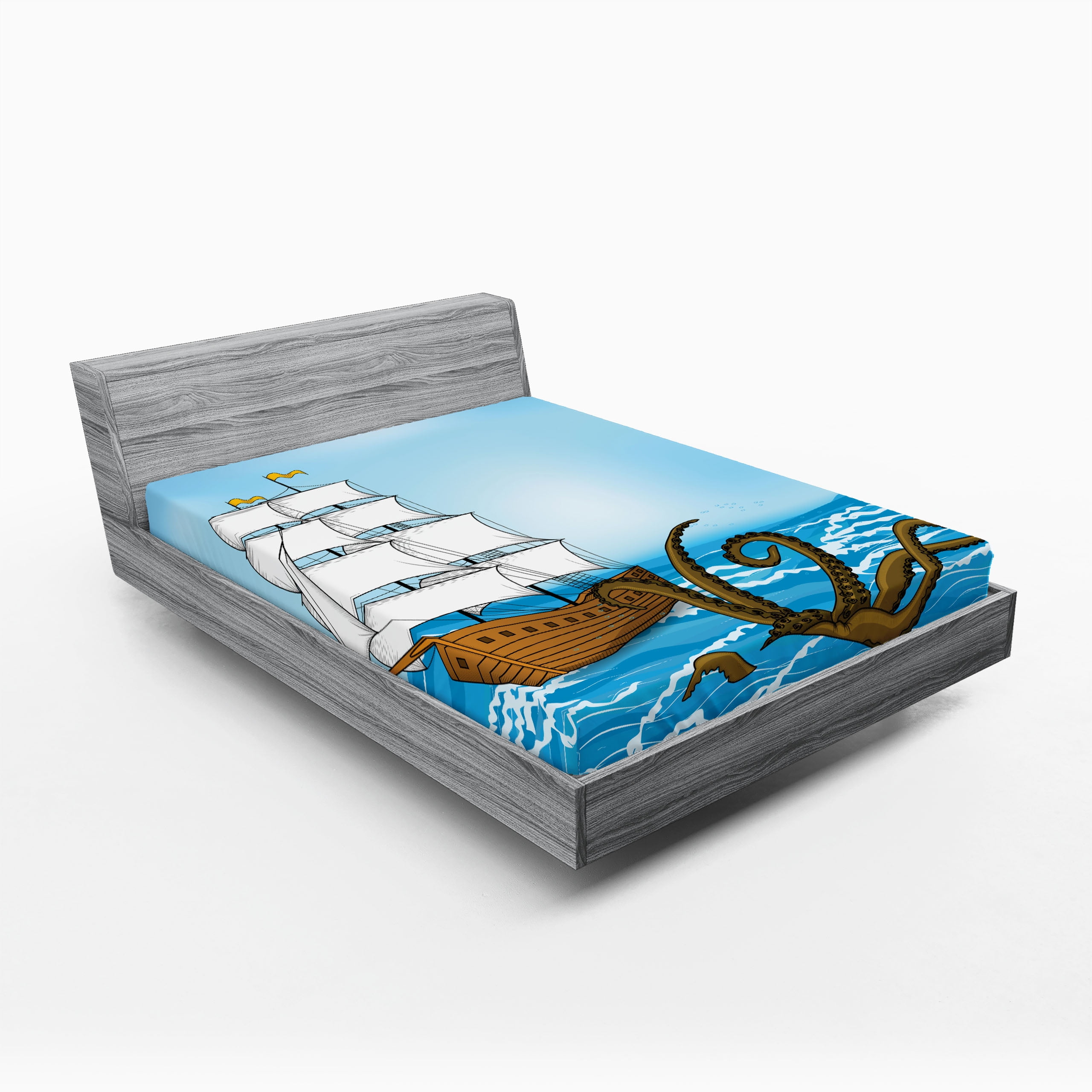 Ambesonne Ocean Fitted Sheet, Ship in Waves and Kraken, Full Size, Blue ...