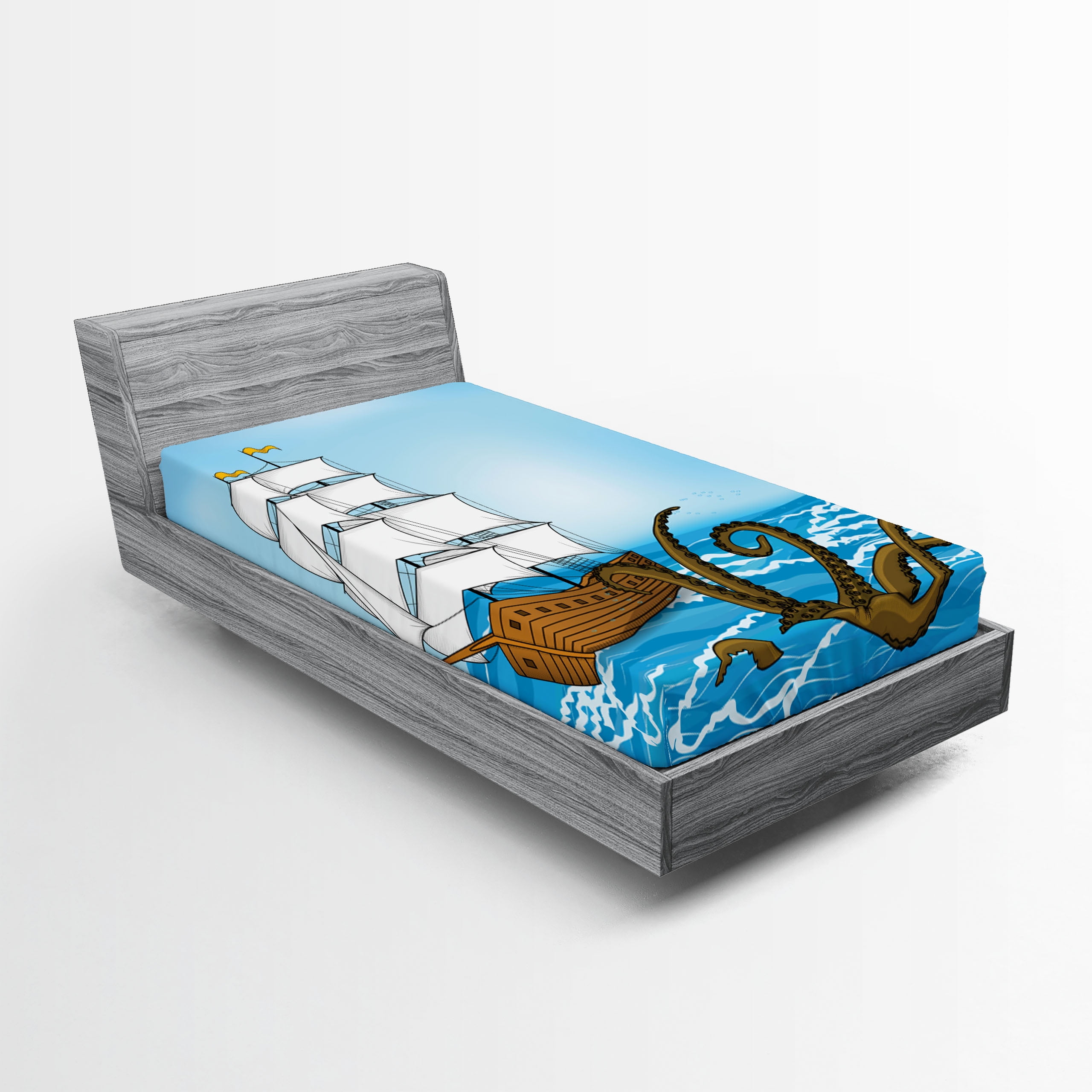 Ambesonne Ocean Fitted Sheet, Ship in Waves and Kraken, Twin XL Size ...