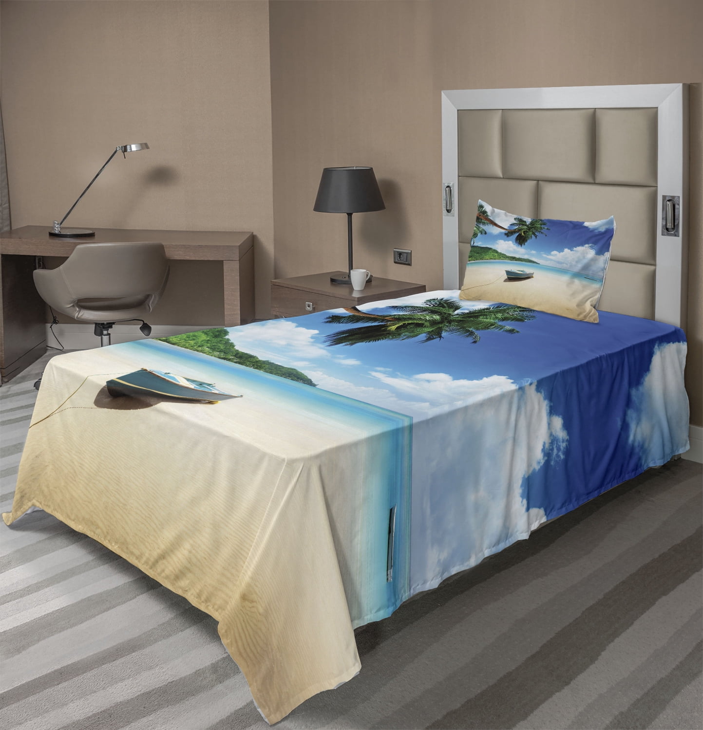 Ambesonne Ocean Fitted & Top Sheet Set with Sham, Boat on Beach Mahe ...