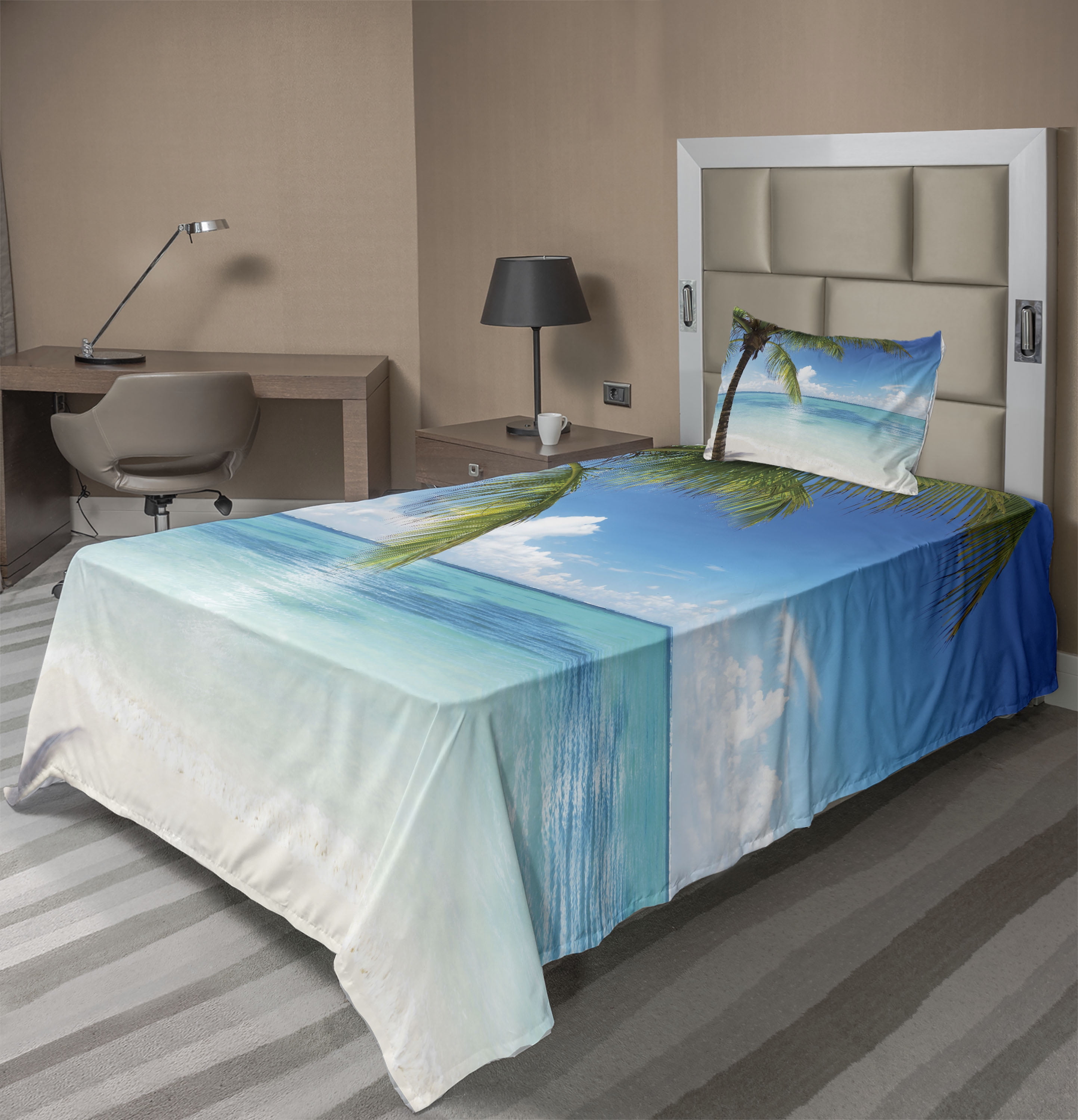 Ambesonne Ocean Fitted & Top Sheet Set with Sham, Exotic Beach ...