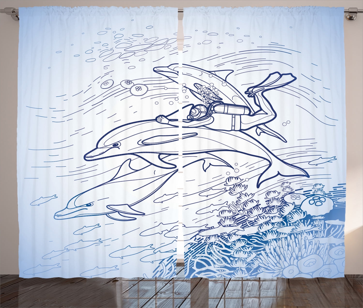 Ambesonne Ocean Life Curtains 2 Panel Set, Sketch Scuba Diver, 108" x ...
