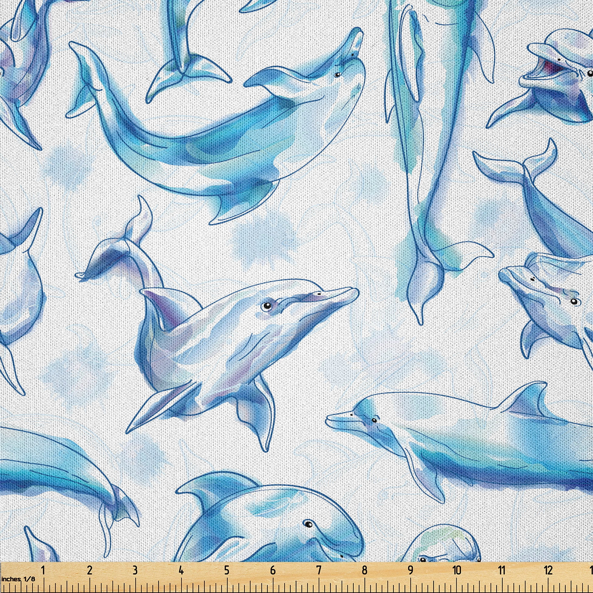 Ambesonne Ocean Life Fabric by the Yard Microfiber, Sketch of Dolphins ...