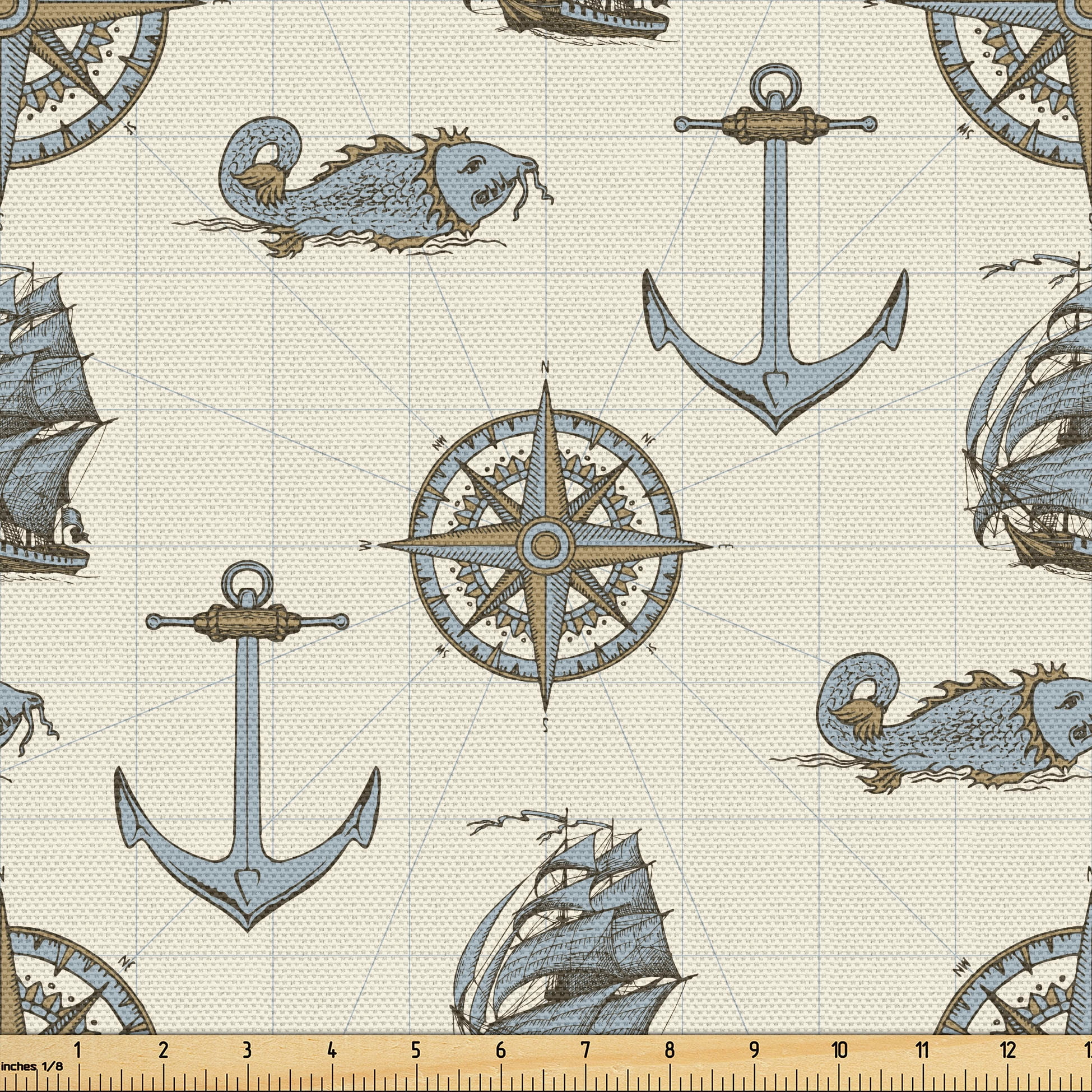 Ambesonne Ocean Life Fabric by the Yard Upholstery, Sketchy Compass ...